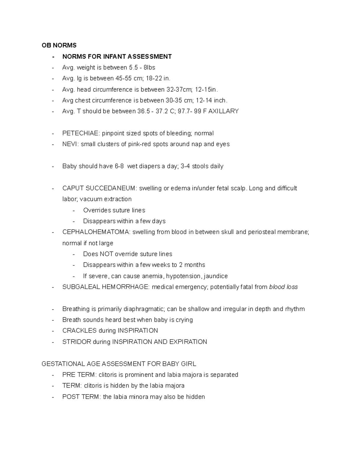 OB Study Guide thurs - OB NORMS - NORMS FOR INFANT ASSESSMENT Avg ...