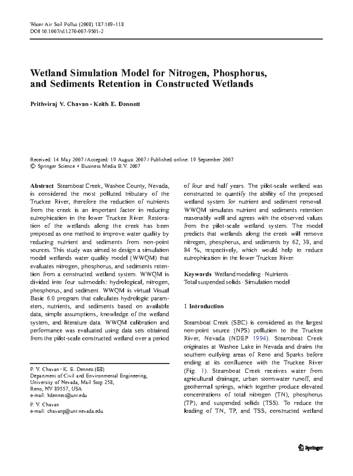Chavan, P. V., & Dennett, K. E. (2007 ). Wetland Simulation Model for Nitrogen, Phosphorus, and ...
