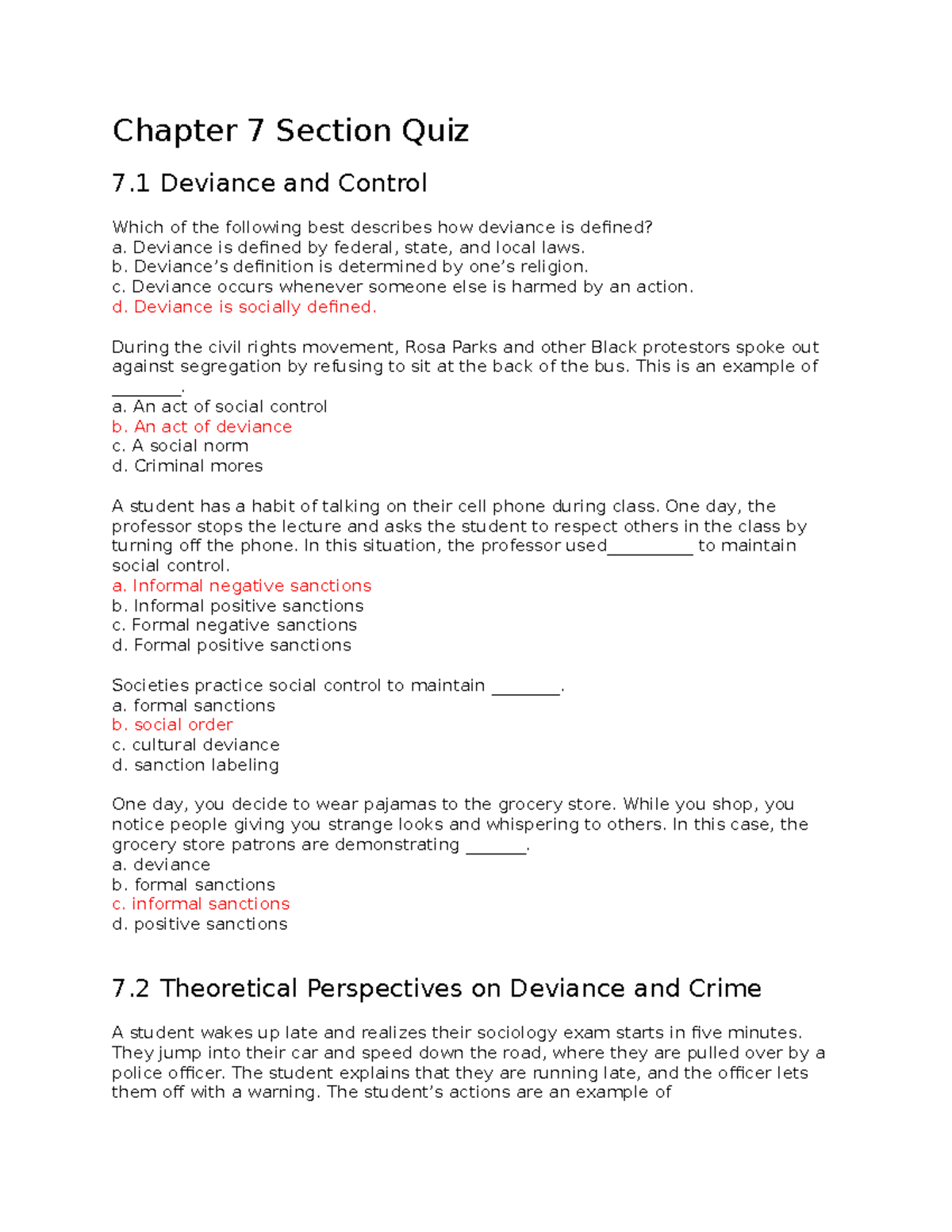 Chapter 7 Section Quiz - Chapter 7 Section Quiz 7 Deviance and Control ...