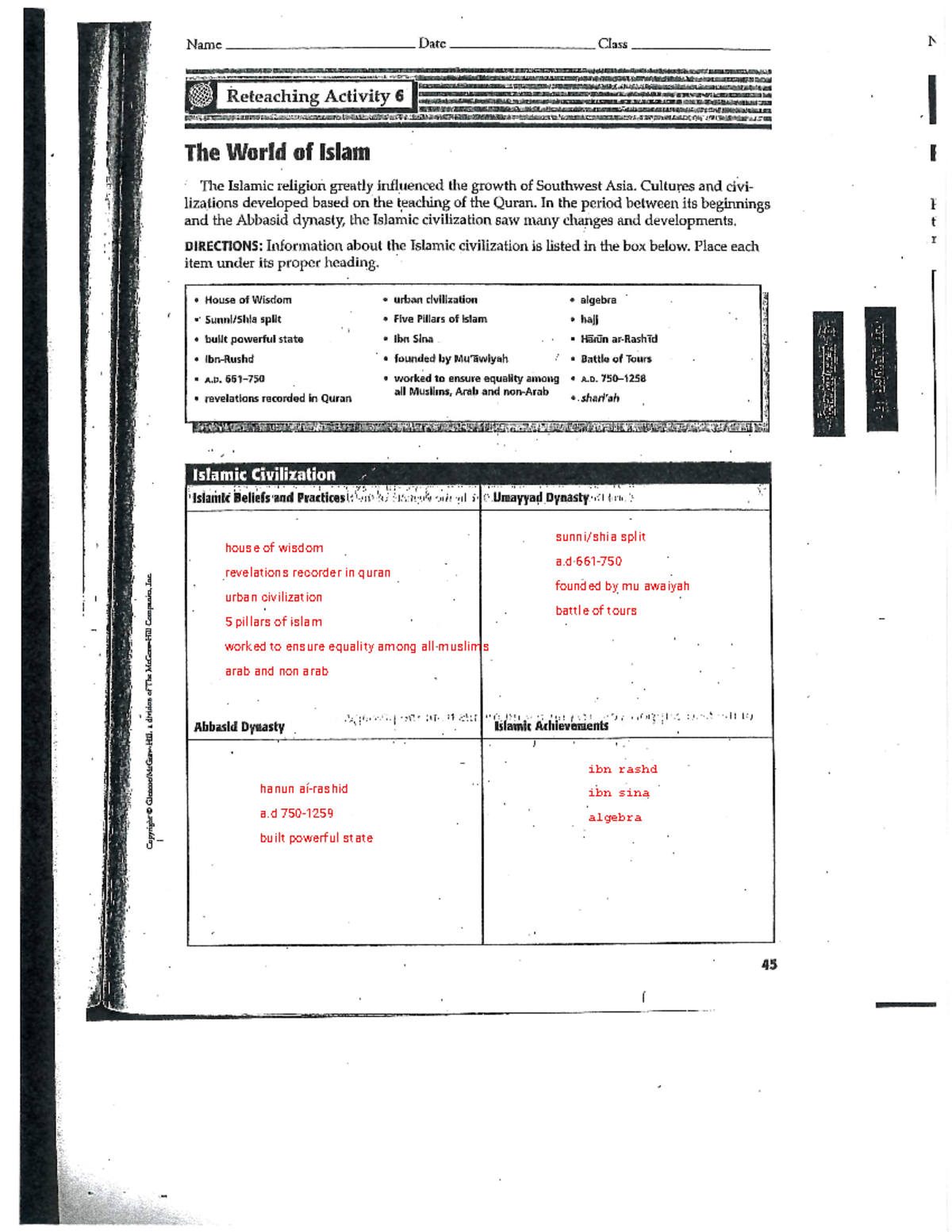 Reteaching Chart - Name Date Class Reteaching Activity 6 The World of ...