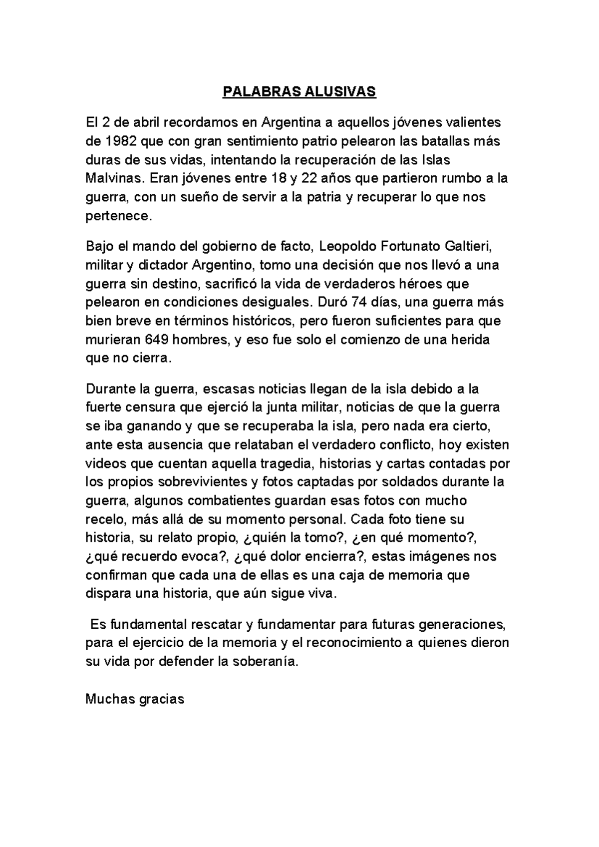 Palabras Alusivas - Actos escolares - PALABRAS ALUSIVAS El 2 de abril ...