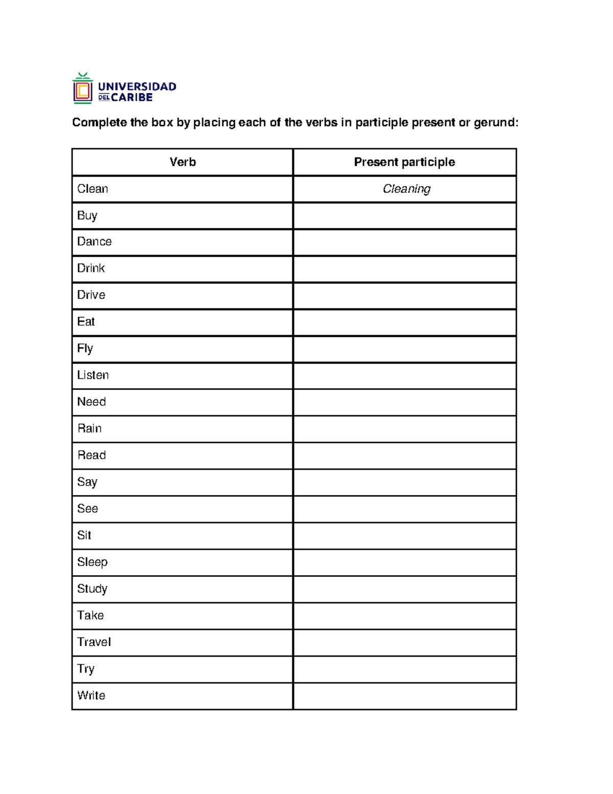 Unidad 3. Actividad 1. Entregable. Apply the present participle ...