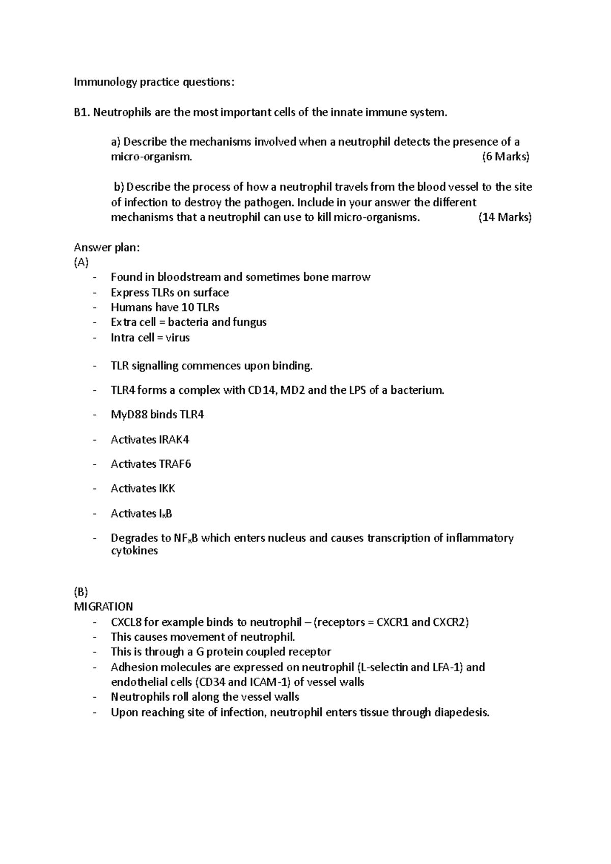 Sample/practice exam - Immunology practice questions: B1. Neutrophils ...