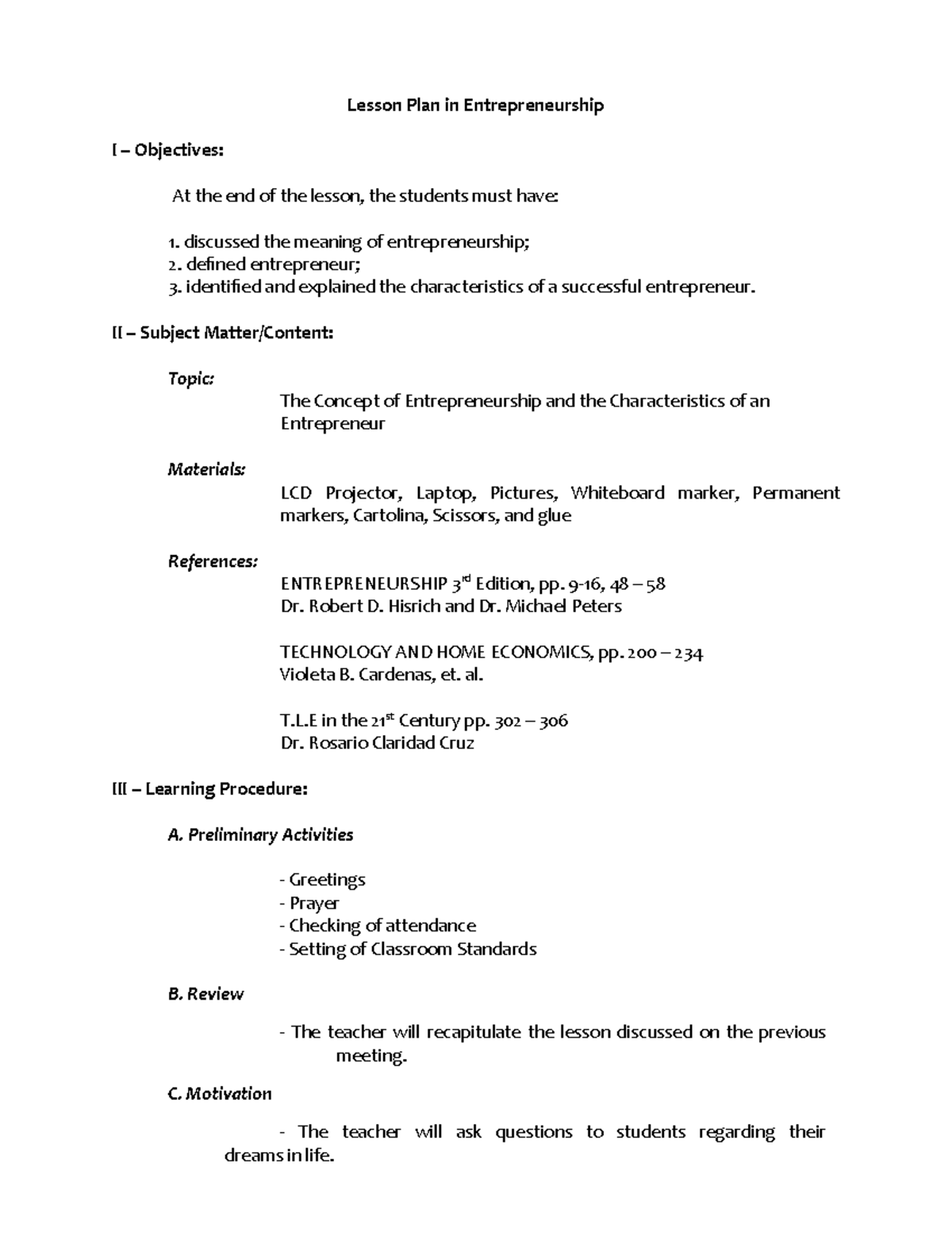 Doroin DN Lesson Plan in Entrepreneurship - Lesson Plan in ...