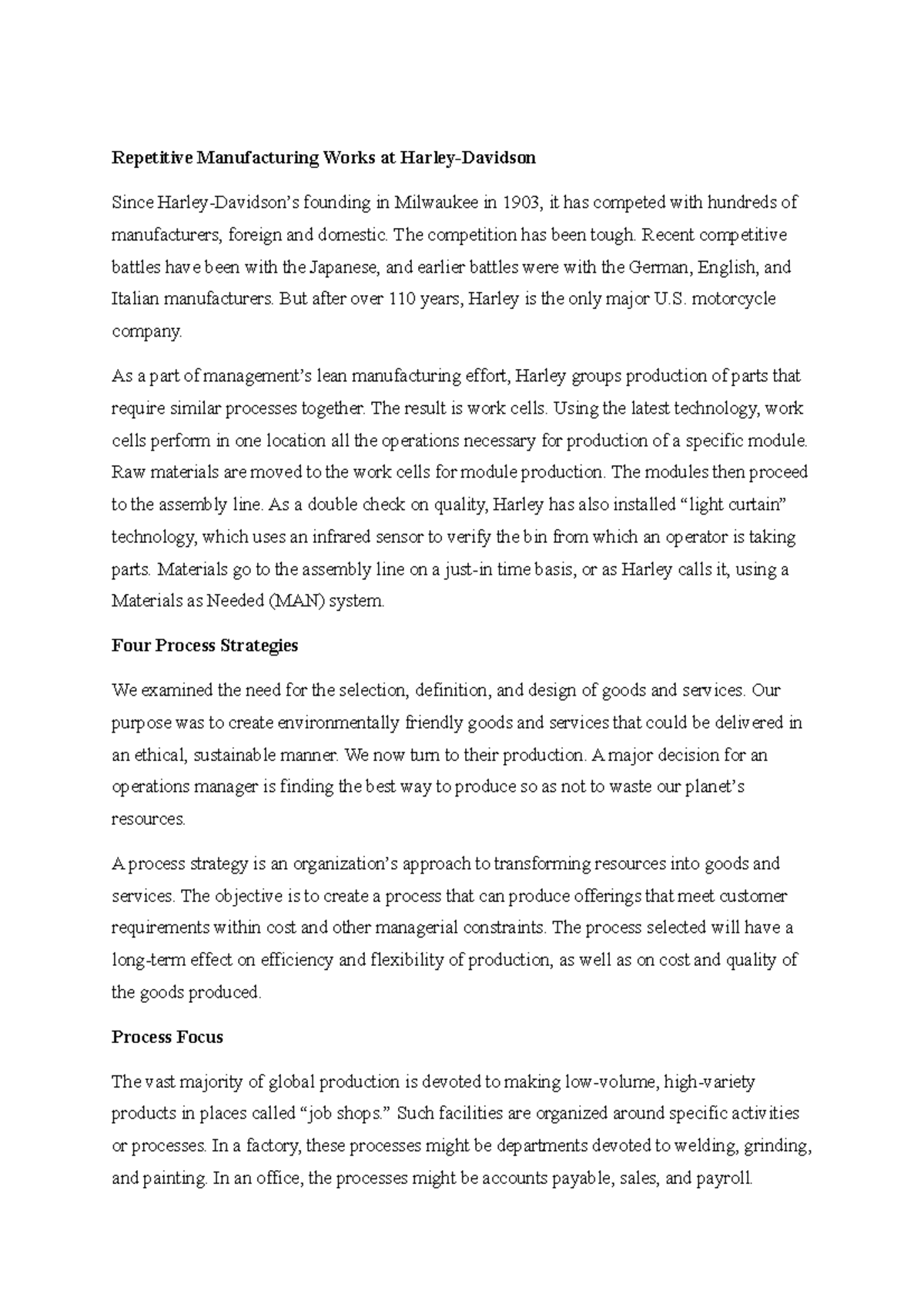 Four Process Strategy - Repetitive Manufacturing Works at Harley ...