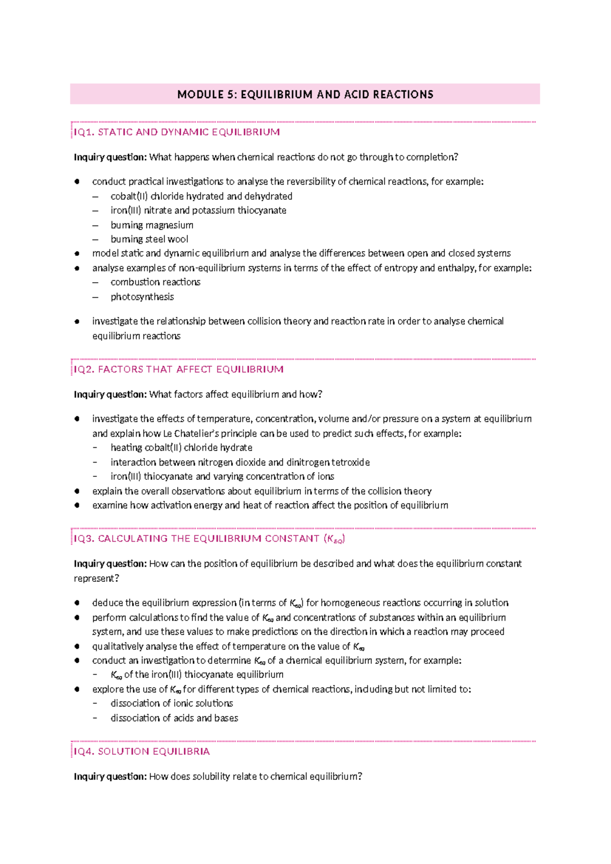 HSC Chemistry Syllabus - MODULE 5: EQUILIBRIUM AND ACID REACTIONS IQ1 ...