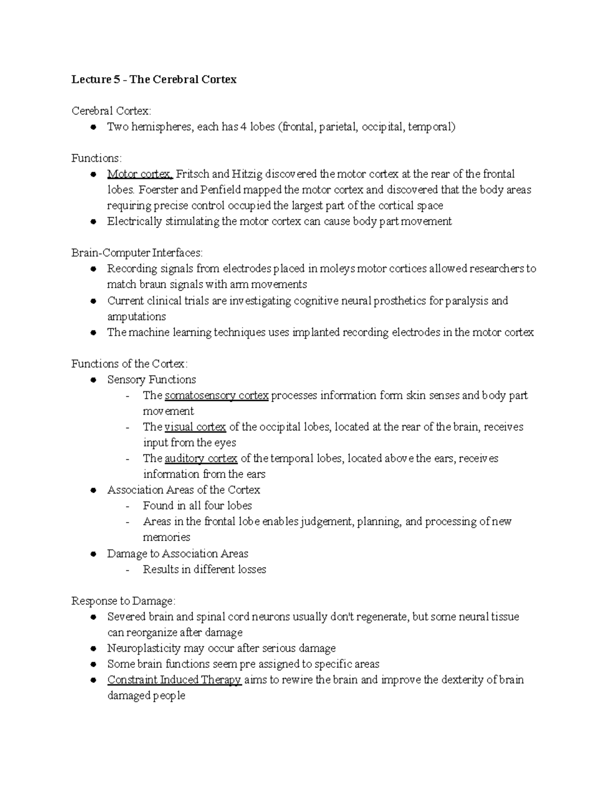 PSYC 111 Lecture 5, Module 6 Notes - Lecture 5 - The Cerebral Cortex ...