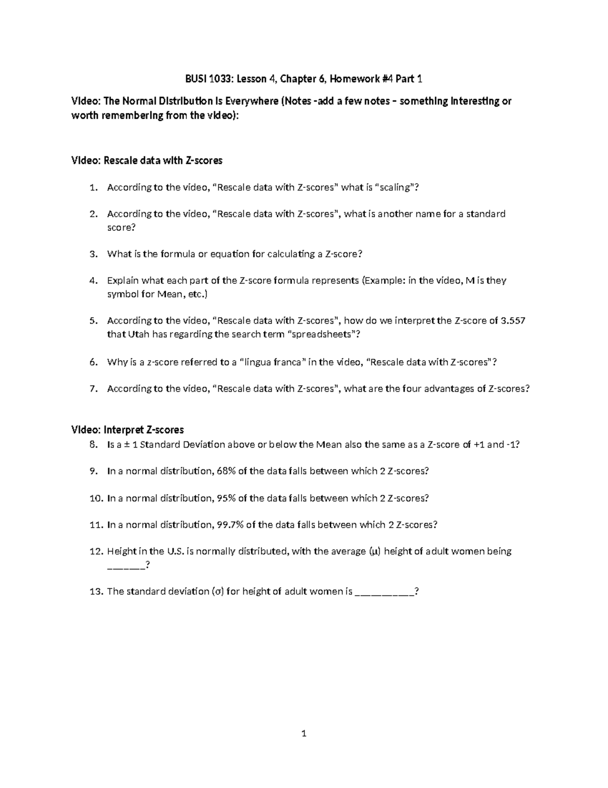 Homework 4 Part 1 - Sprandel HW 4 Pt 1 - BUSI 1033: Lesson 4, Chapter 6 ...