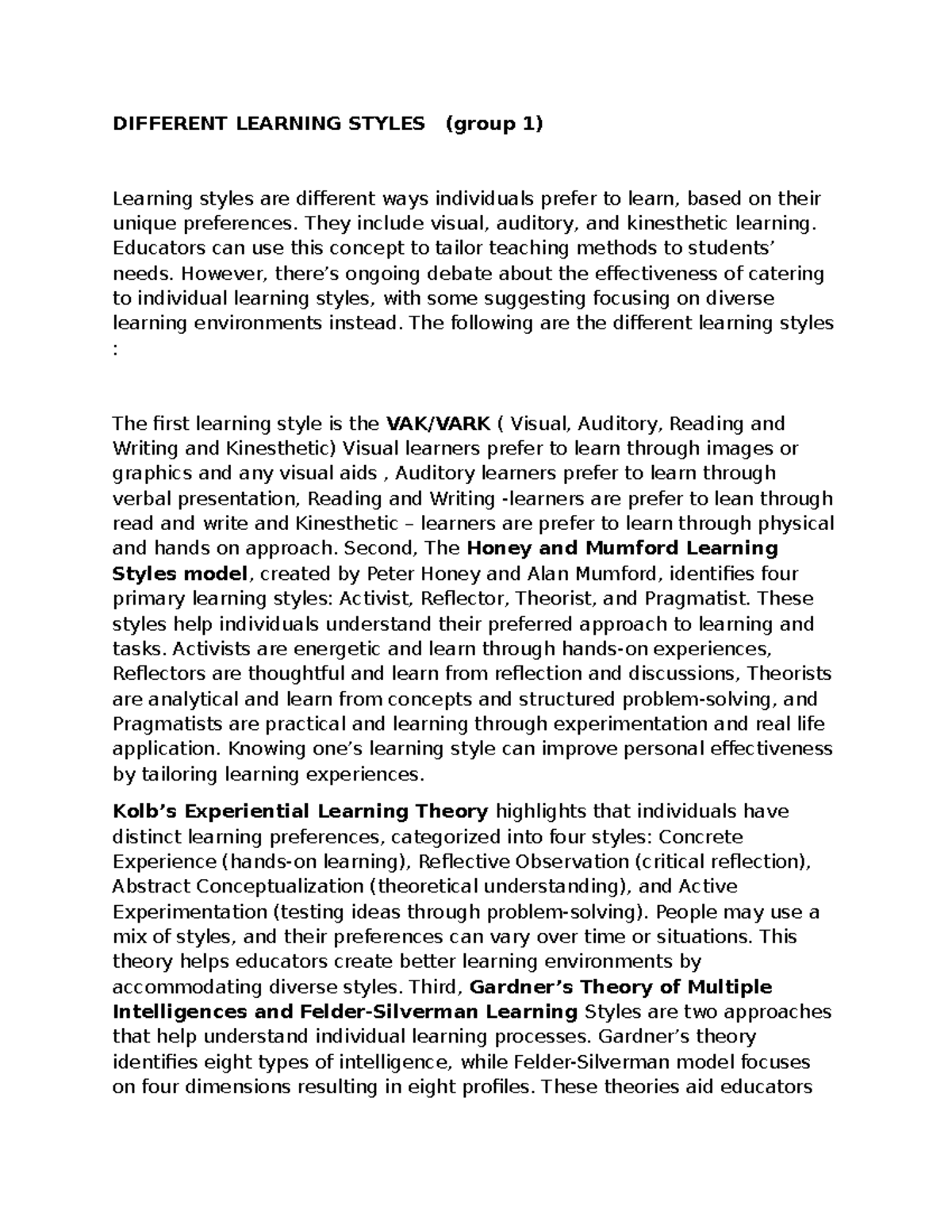 Document-9 - DIFFERENT LEARNING STYLES (group 1) Learning styles are ...