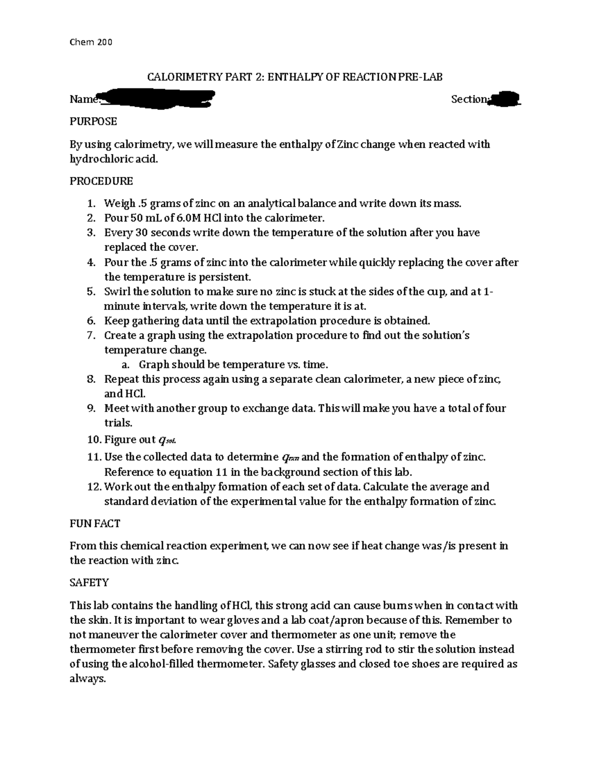Calorimetry pt. 2 PRE-LAB - Chem 200 CALORIMETRY PART 2: ENTHALPY OF ...