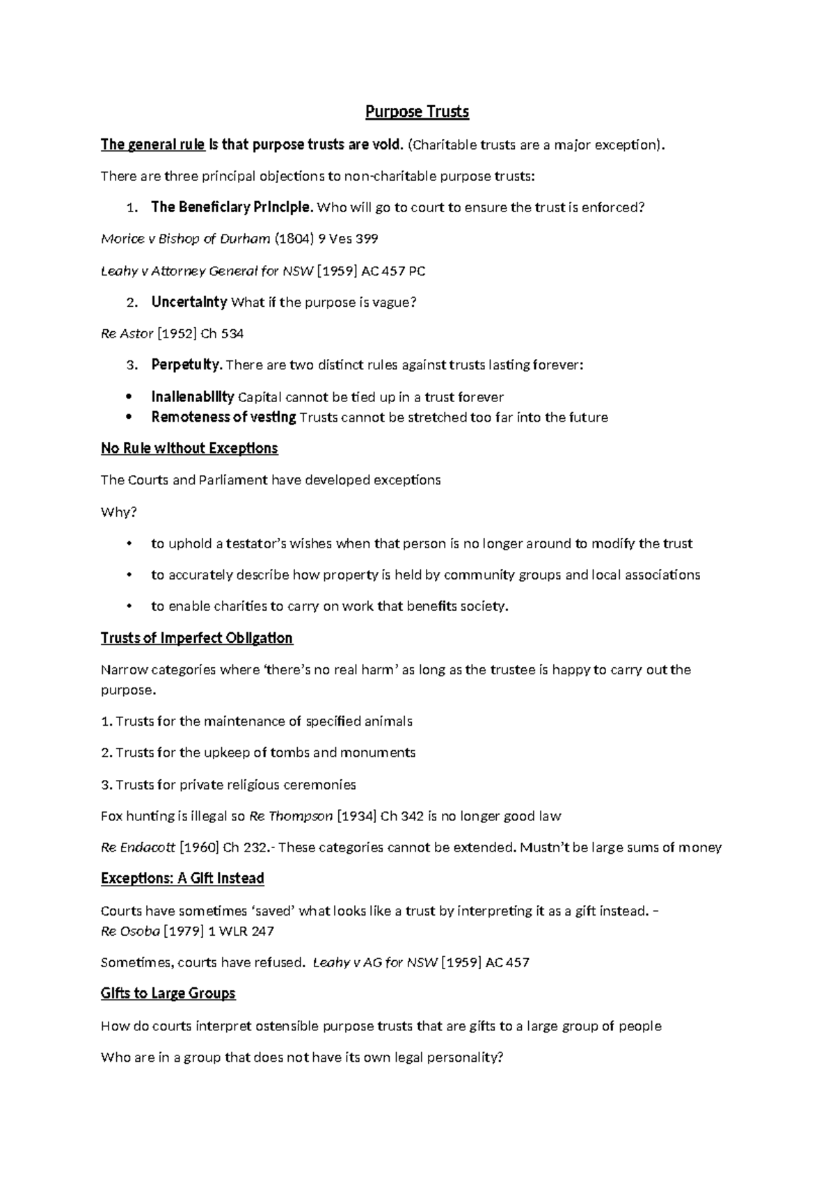 Purpose Trusts and Charities - Purpose Trusts The general rule is that ...