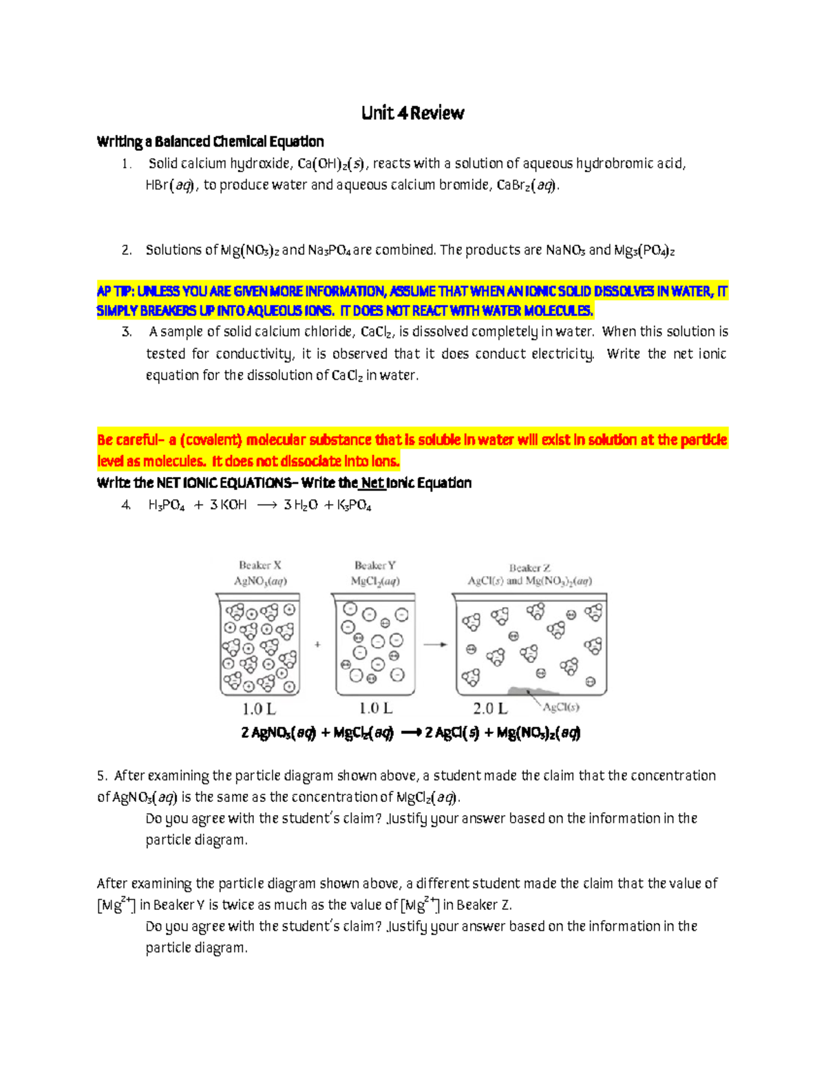 Unit 4 Review - ssss dfadf - Unit 4 Review Writing a Balanced Chemical ...