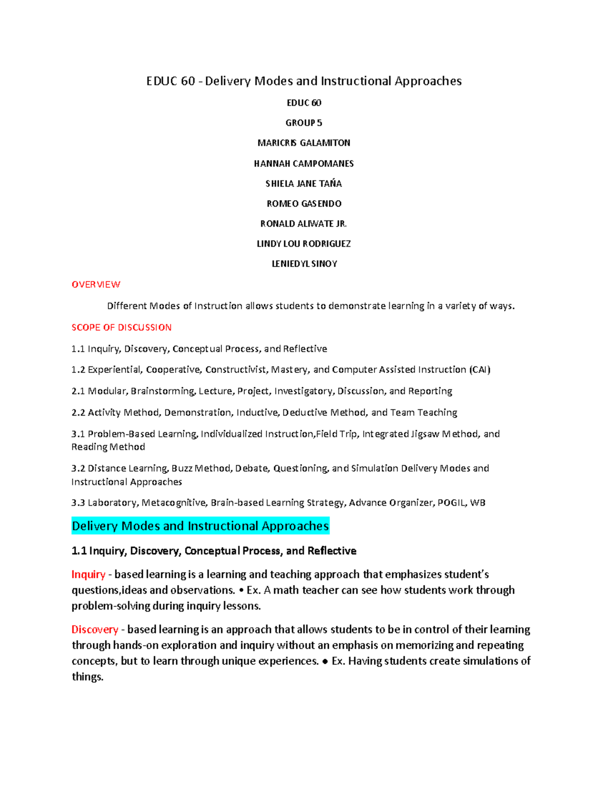 Facilitating Learner-Centered Teaching - EDUC 60 - Delivery Modes and ...