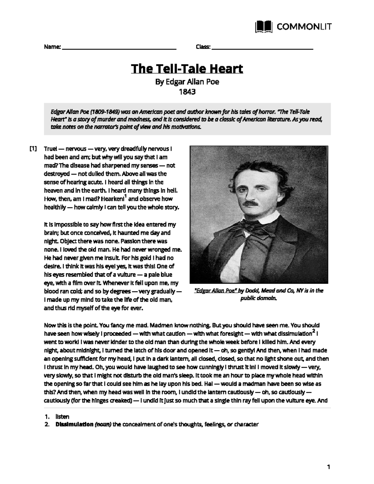 The Tell-Tale Heart - aaaaaaaaaaaaa - COMMONLIT Name: Class: The Heart ...