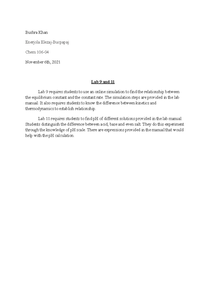 Chem 106 Experiment 20 Pre Lab Summary - Olivia Kelleher Chem 10600 5/8 ...