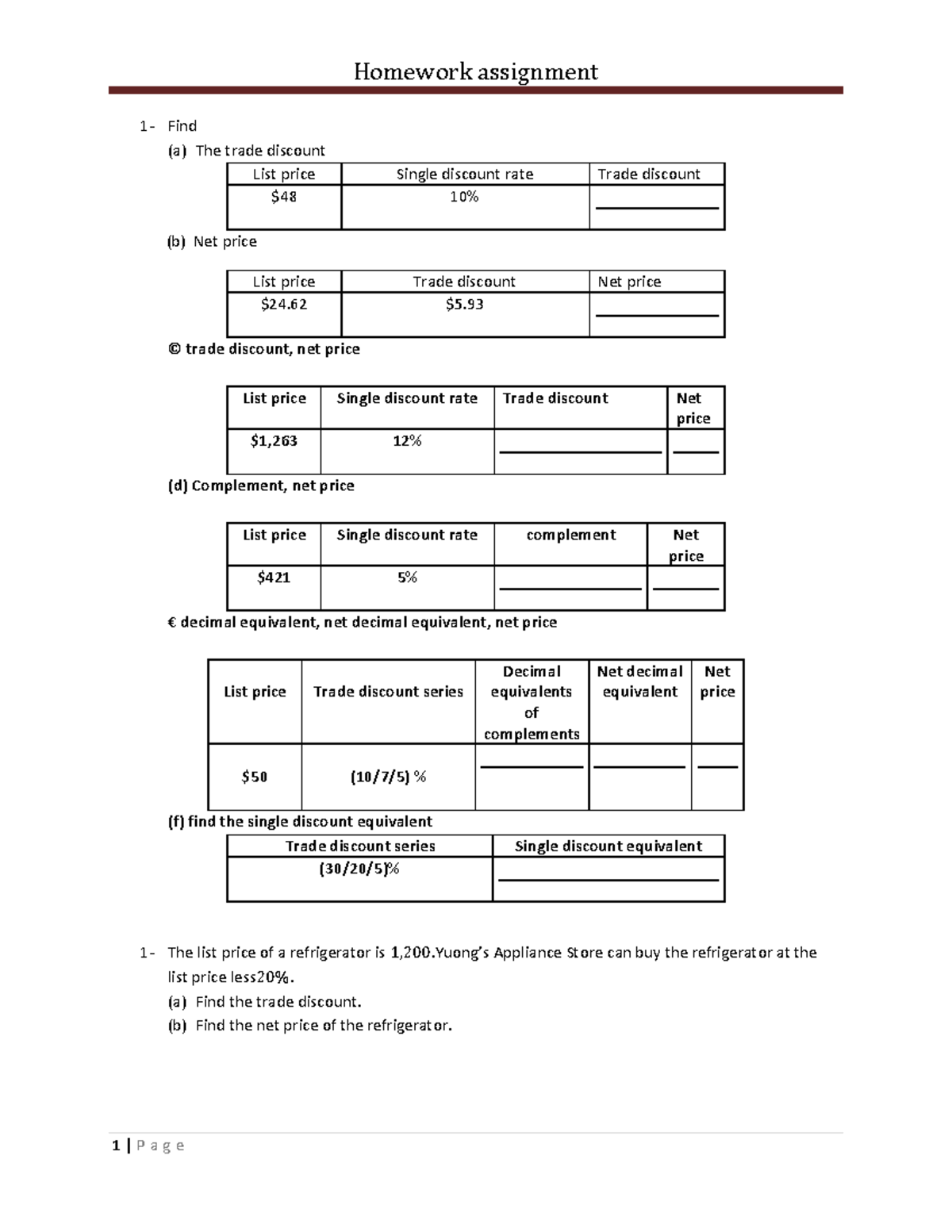 Homework (2) Copy - Homework assignment 1 | P a g e 1- Find (a) The trade discount List price ...