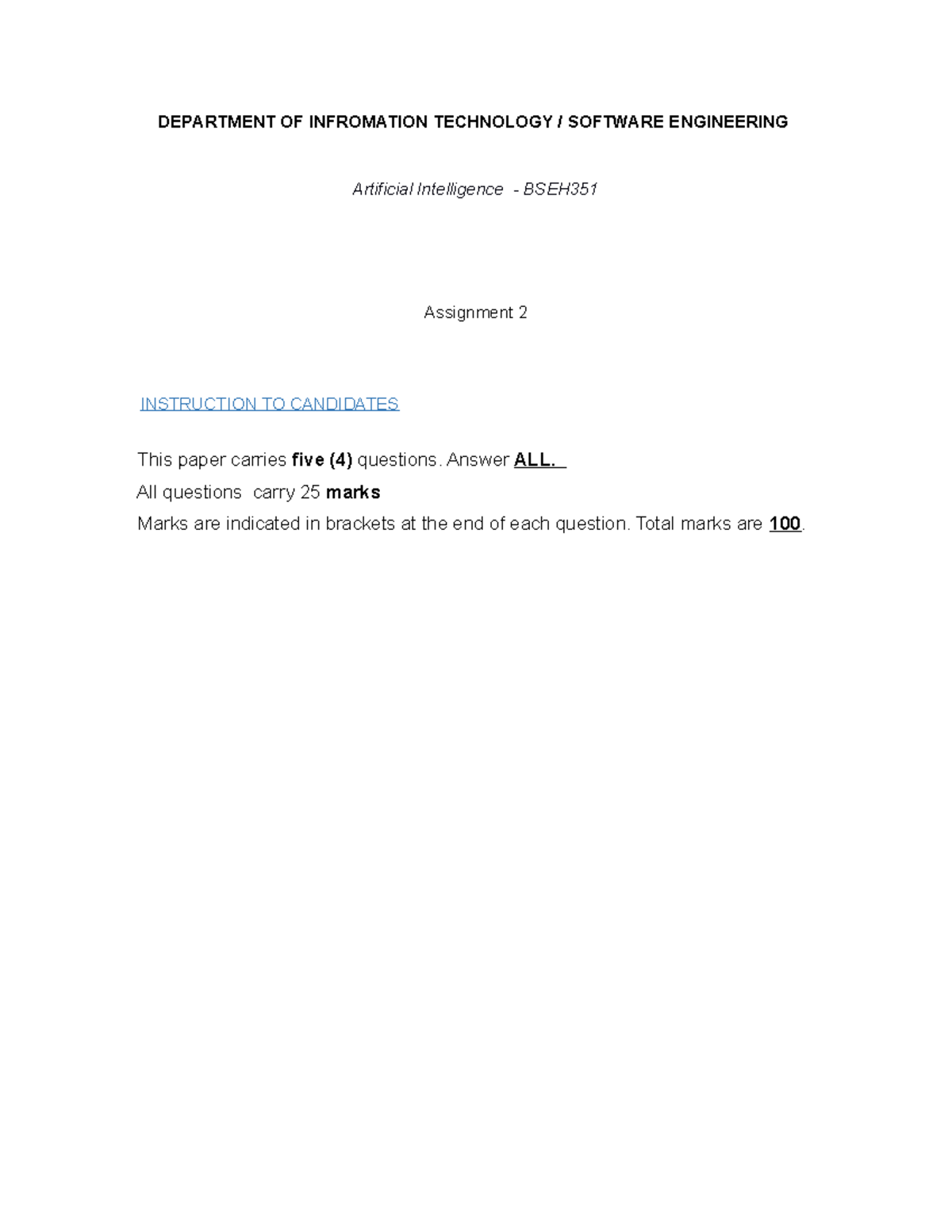 Assignment 2 - artificial intelligence - DEPARTMENT OF INFROMATION ...