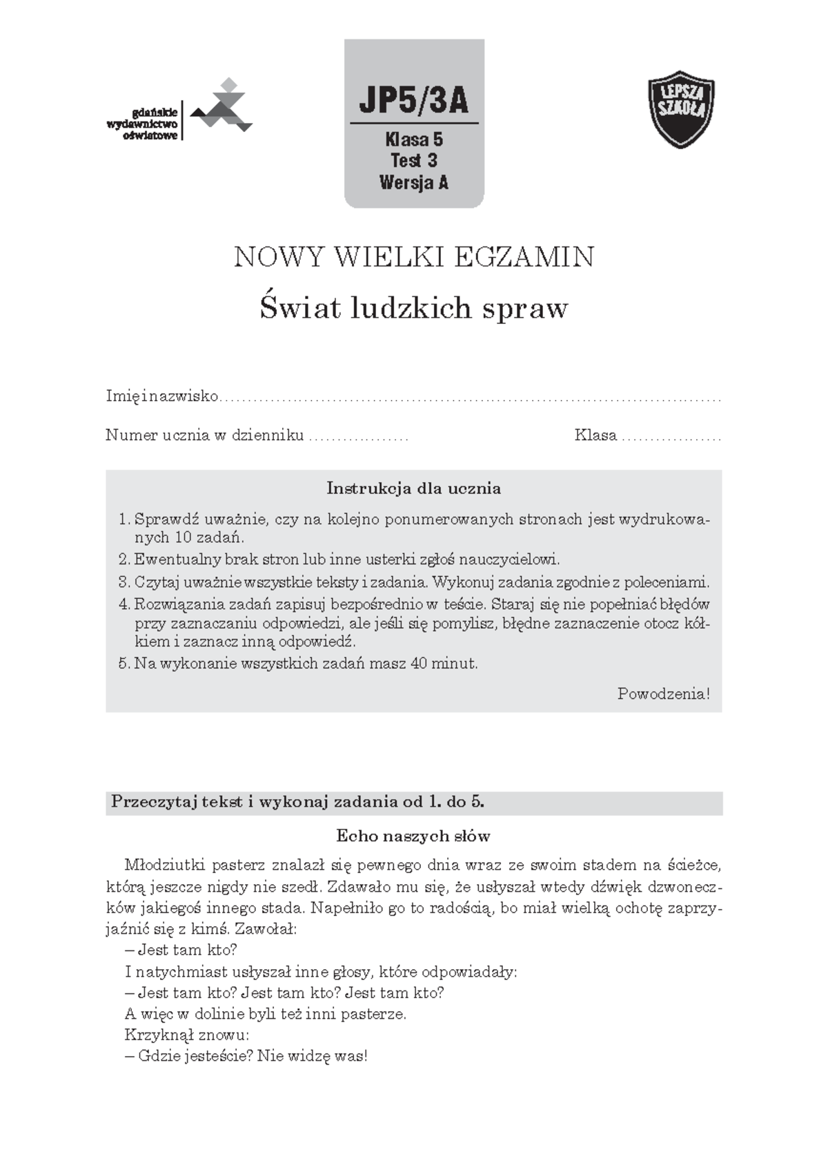 Test 3 - werja A B - wielki test z działu trzeciego - JP5/3A NOWY ...