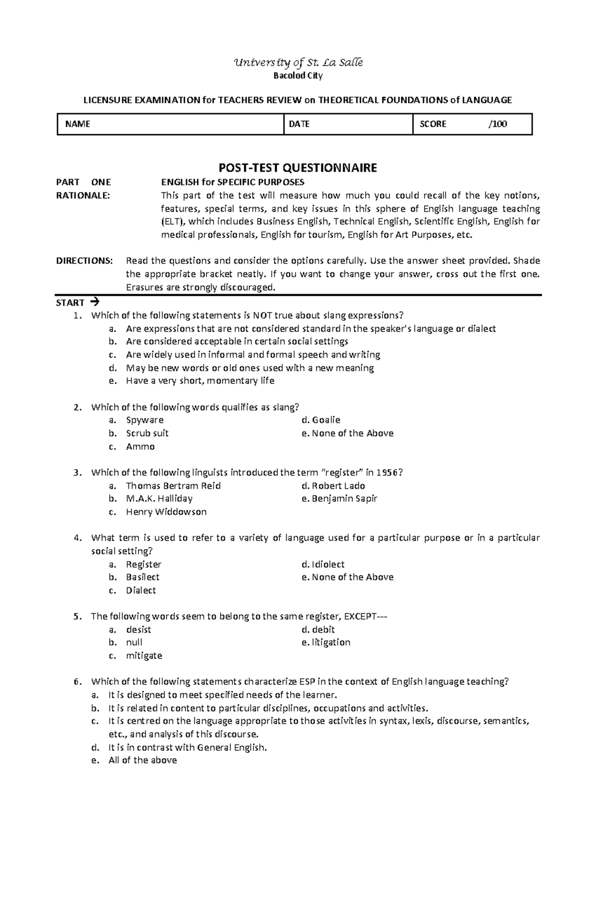 Post test 140323031733 phpapp 01 - University of St. La Salle Bacolod ...