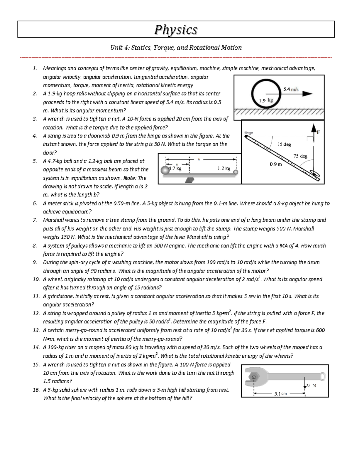 Physics Unit 04 Review - PPhhyyssiiccss Unit 4: Statics, Torque, and ...