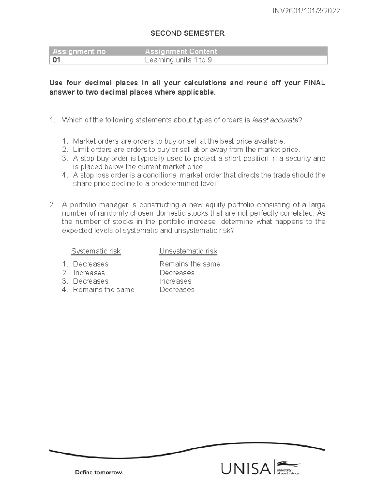 Practice Ques Set 1 - Notes and solutions for INV2601 questions ...
