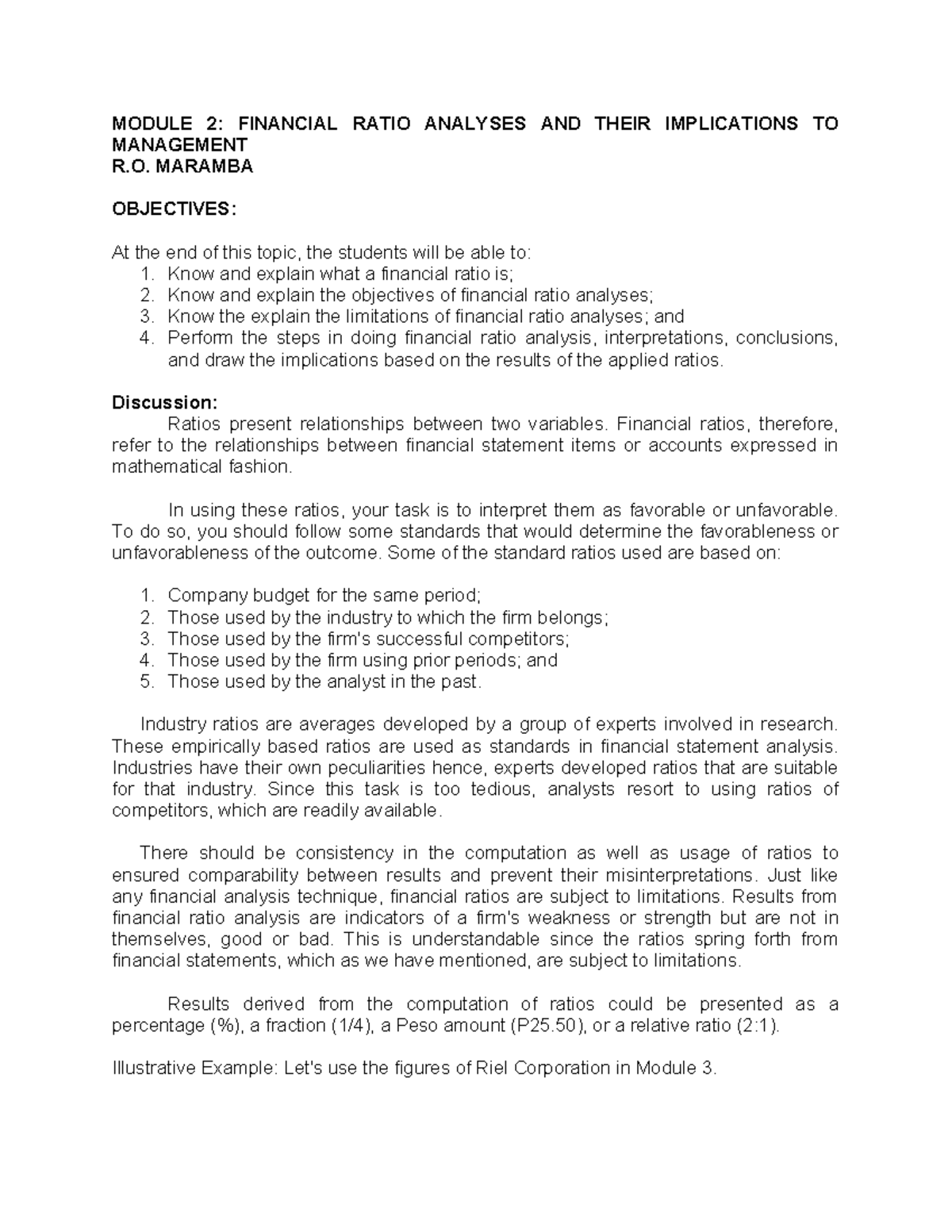 Module 4 - Lecture Notes - MODULE 2: FINANCIAL RATIO ANALYSES AND THEIR ...