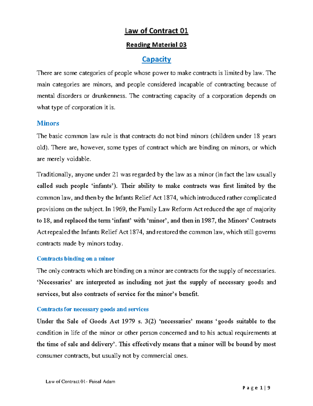 Reading M 03-Capacity - Capacity - Law of Contract 01- Faisal Adam Law ...