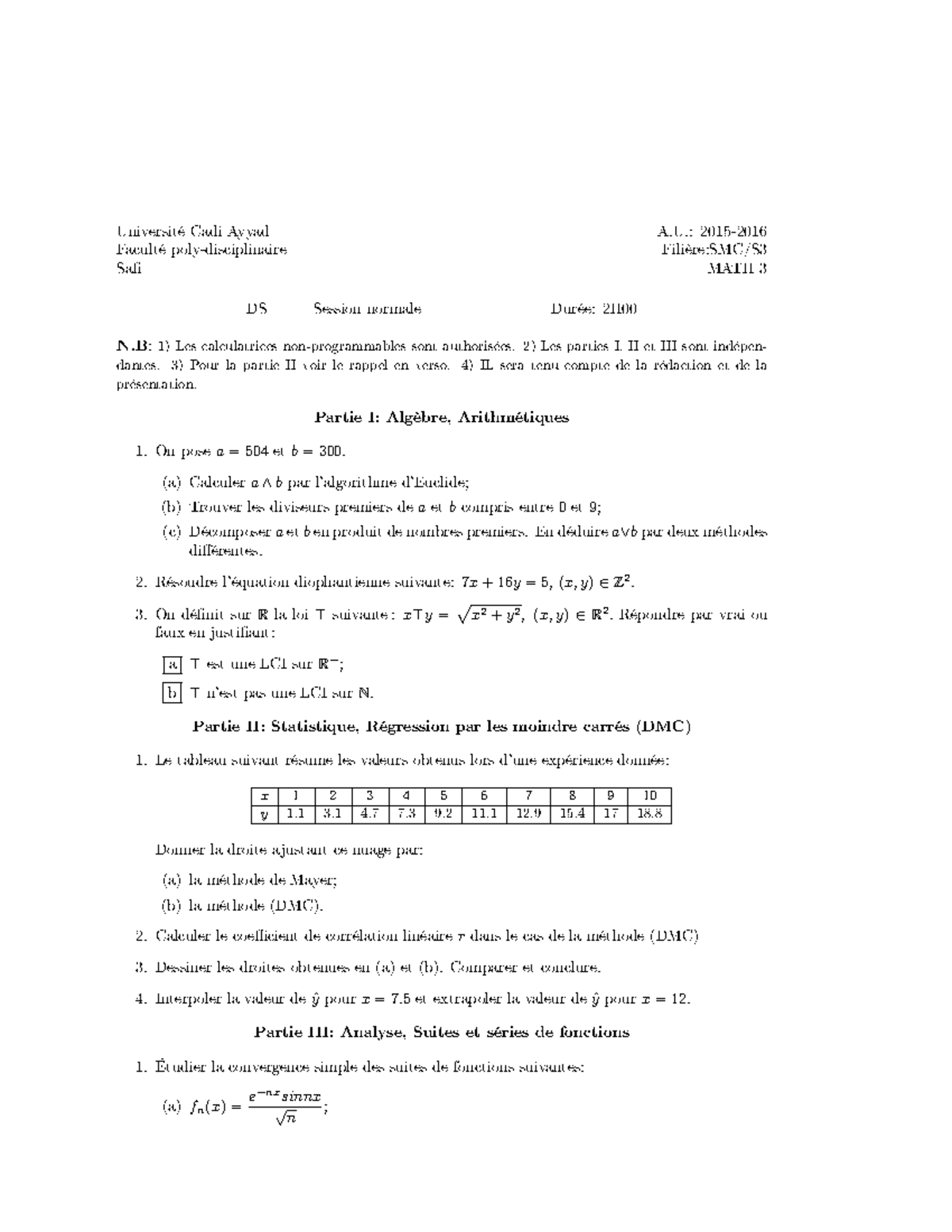 Examen SMC Math3 S3 - MATHEMATIQUES POUR LA CHIMIE - ♥ rs té ②② té ...
