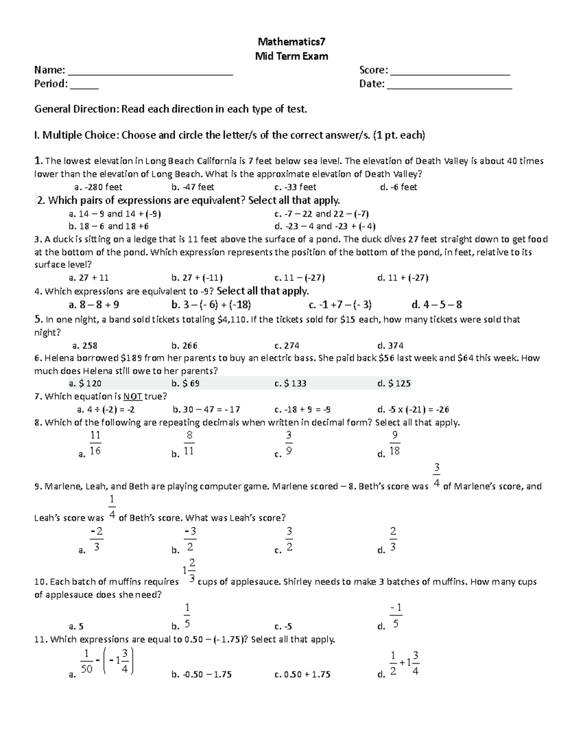 Mathematics 7 mid term exam - Mathematics Mid Term Exam Name