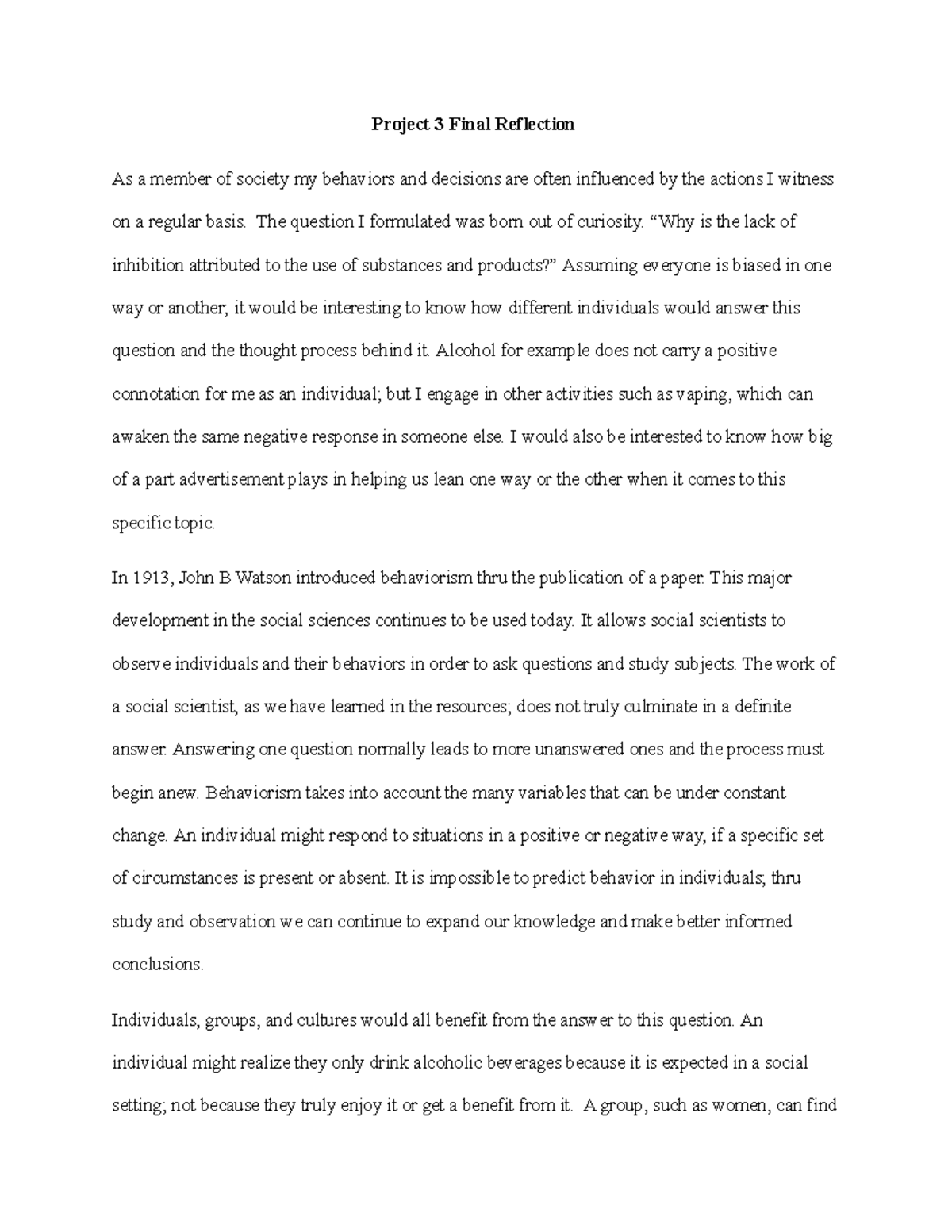 Project 3 Final Reflection - Project 3 Final Reflection As a member of ...