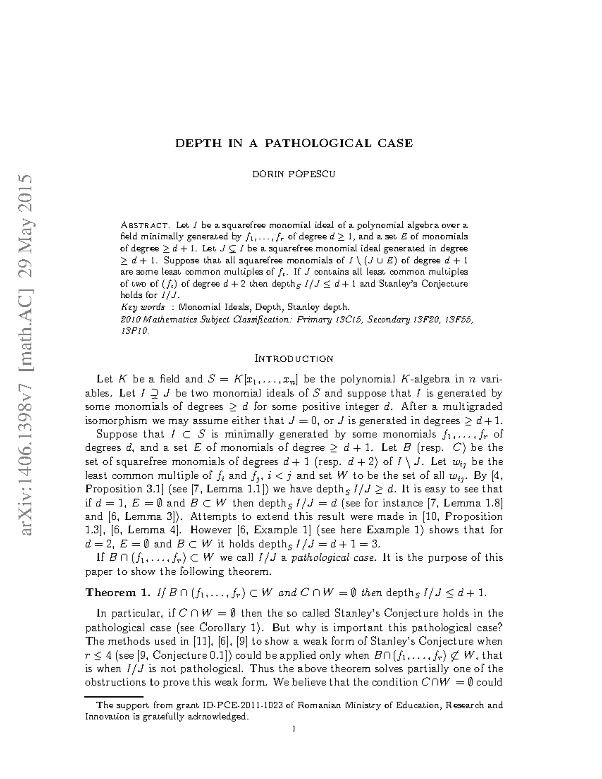 1406 - Cours - arXiv:1406 [math] 29 May 2015 DEPTH IN A PATHOLOGICAL CASE DORIN POPESCU Abstract ...