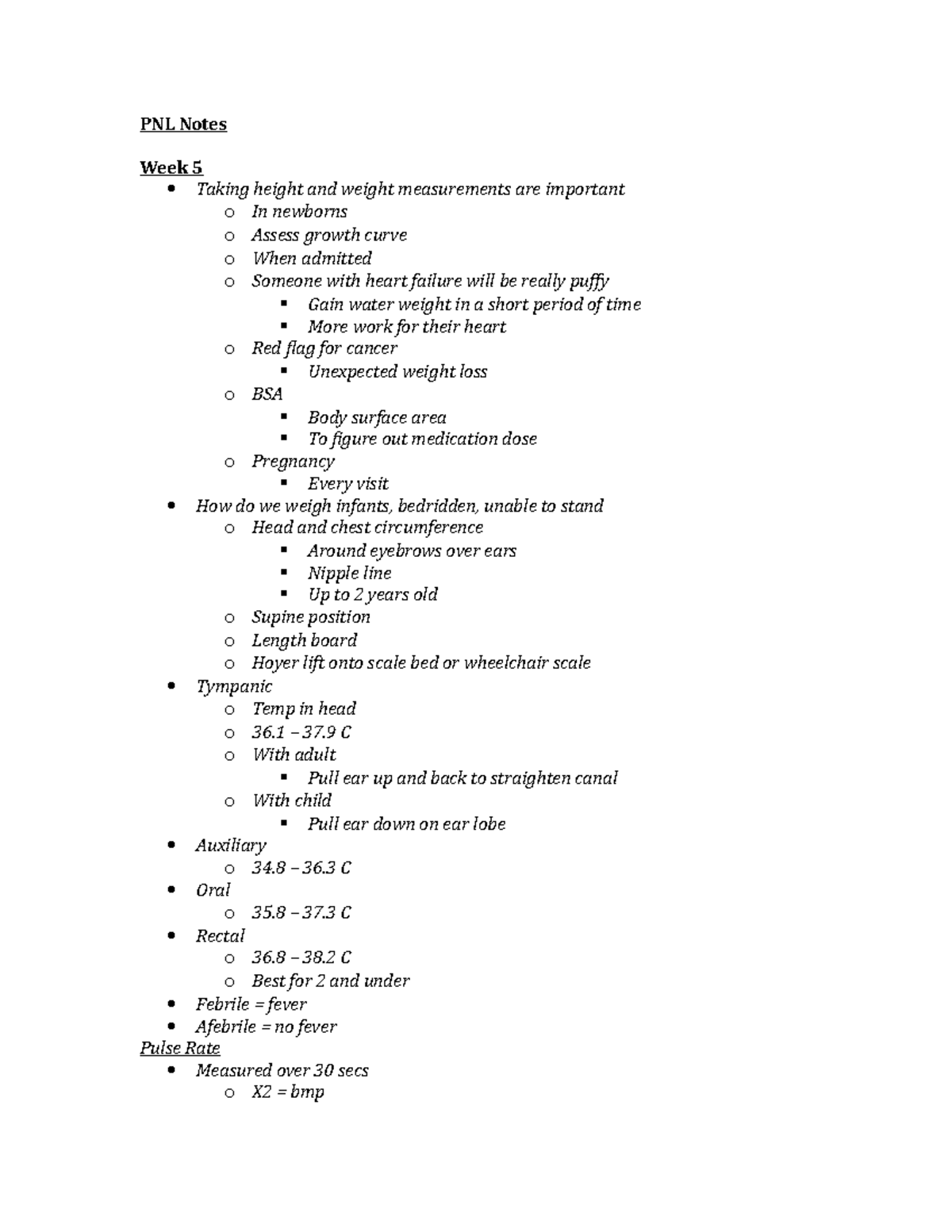 PNL Notes - ... - PNL Notes Week 5 Taking height and weight ...