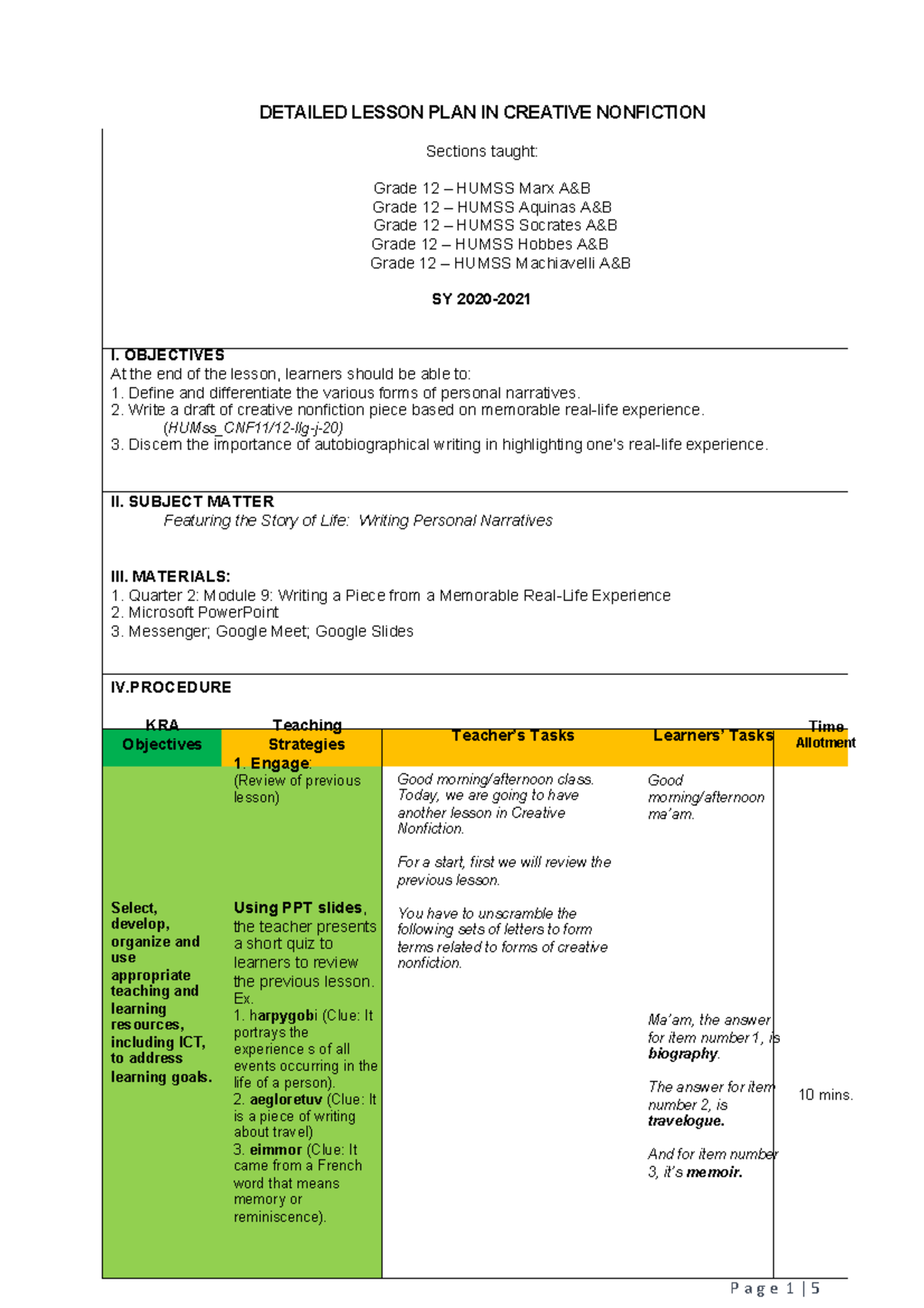 Detailed-lesson-plan-in-creative-nonfiction compress - P a g e 1 | 5 ...