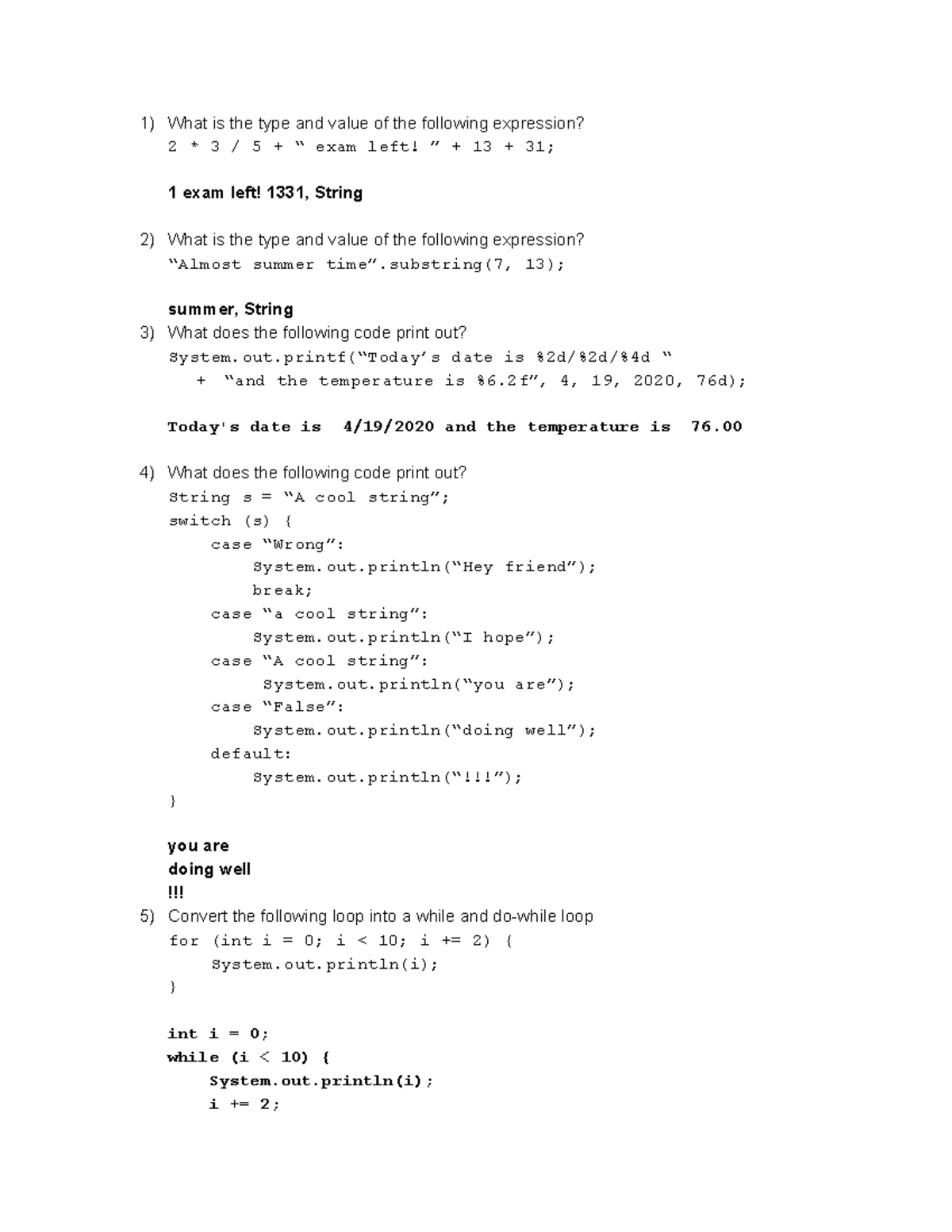Worksheet Answers - Extra Practice Questions - What is the type and value of the following - Studocu
