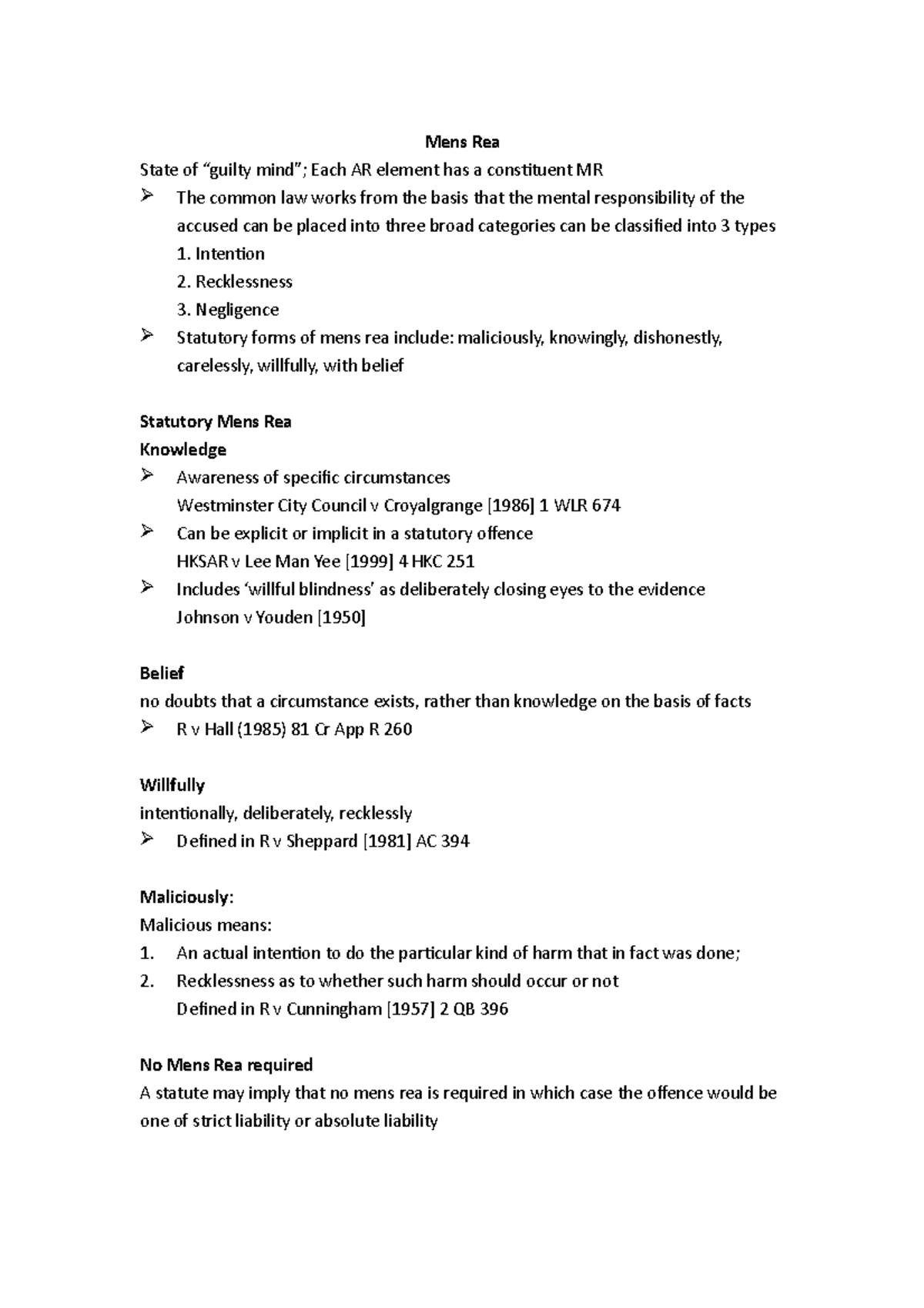 Mens Rea - Lecture notes 1-11 - Mens Rea State of “guilty mind”; Each ...
