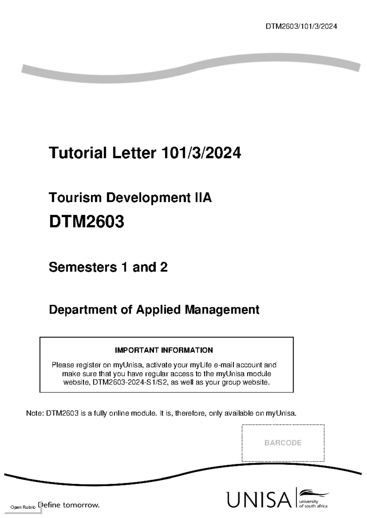 S1 DTM2603 TL101 - DTM2603/101/3/ 2024 Tutorial Letter 101/ 3 / 2024 ...