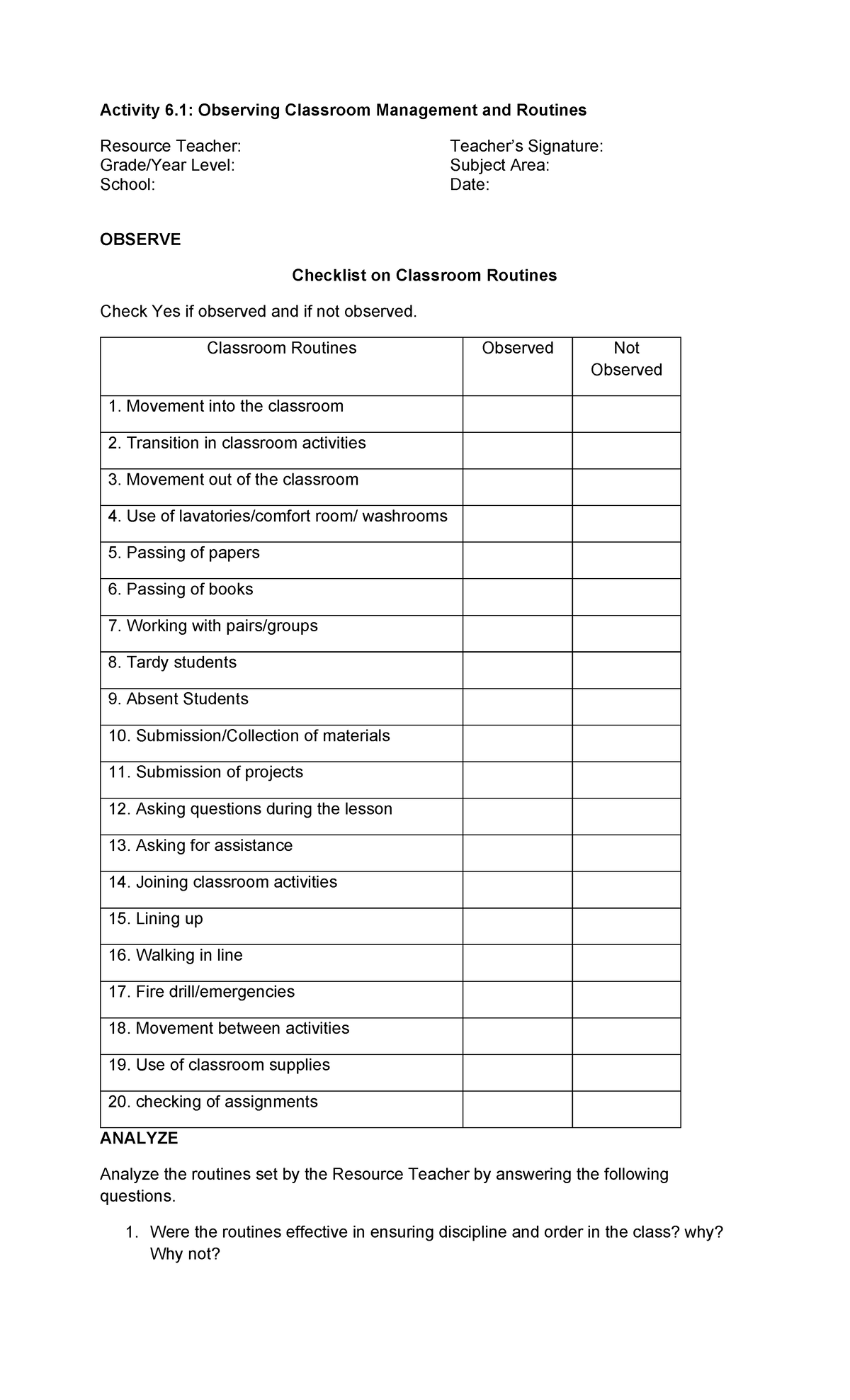 Episode 6&8 - Activity 6: Observing Classroom Management and Routines ...