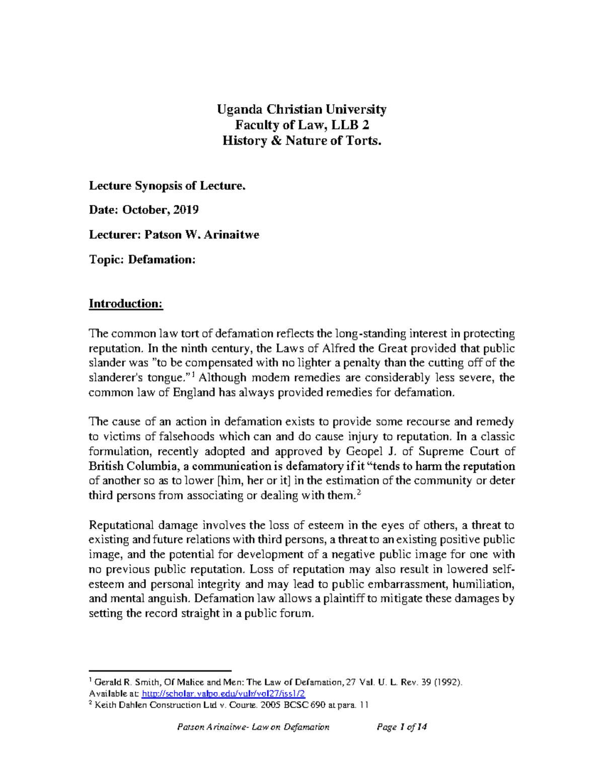 Tort course wok doc - Uganda Christian University Faculty of Law, LLB 2 ...