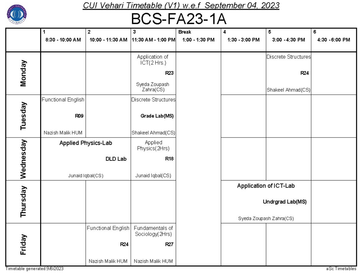 Centralized Timetable Class Wise V2 - Application of ICT(2 Hrs.) Syeda ...