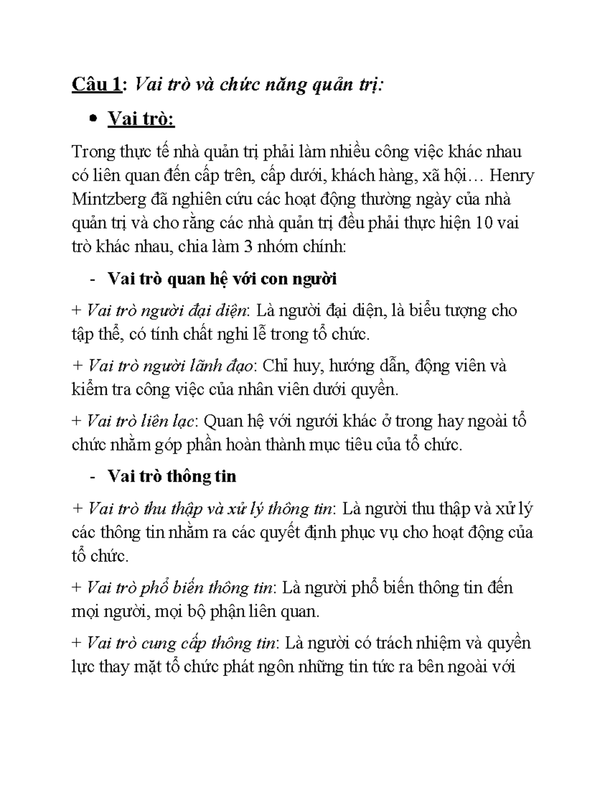 Bt nmqtkd - hbhb - Câu 1: Vai trò và chức năng quản trị: Vai trò: Trong ...