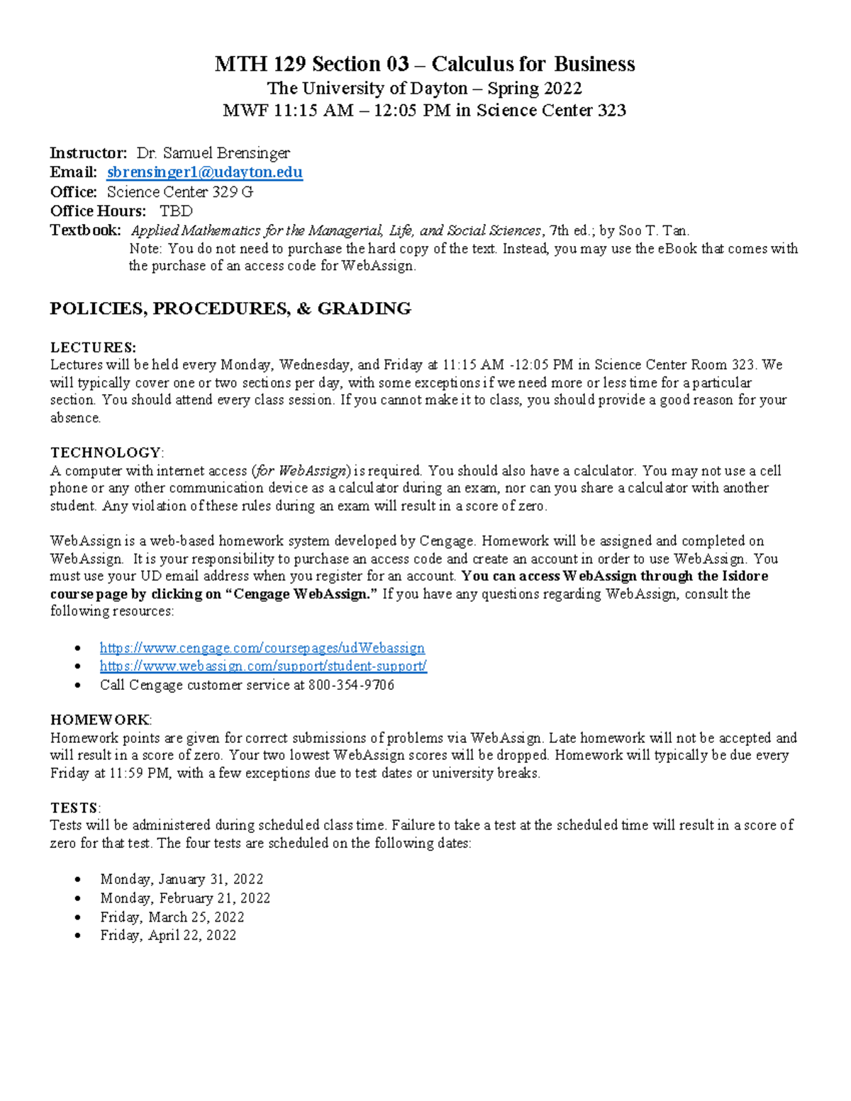 MTH+129+03+Syllabus-3 - MTH 129 Section 03 – Calculus for Business The ...