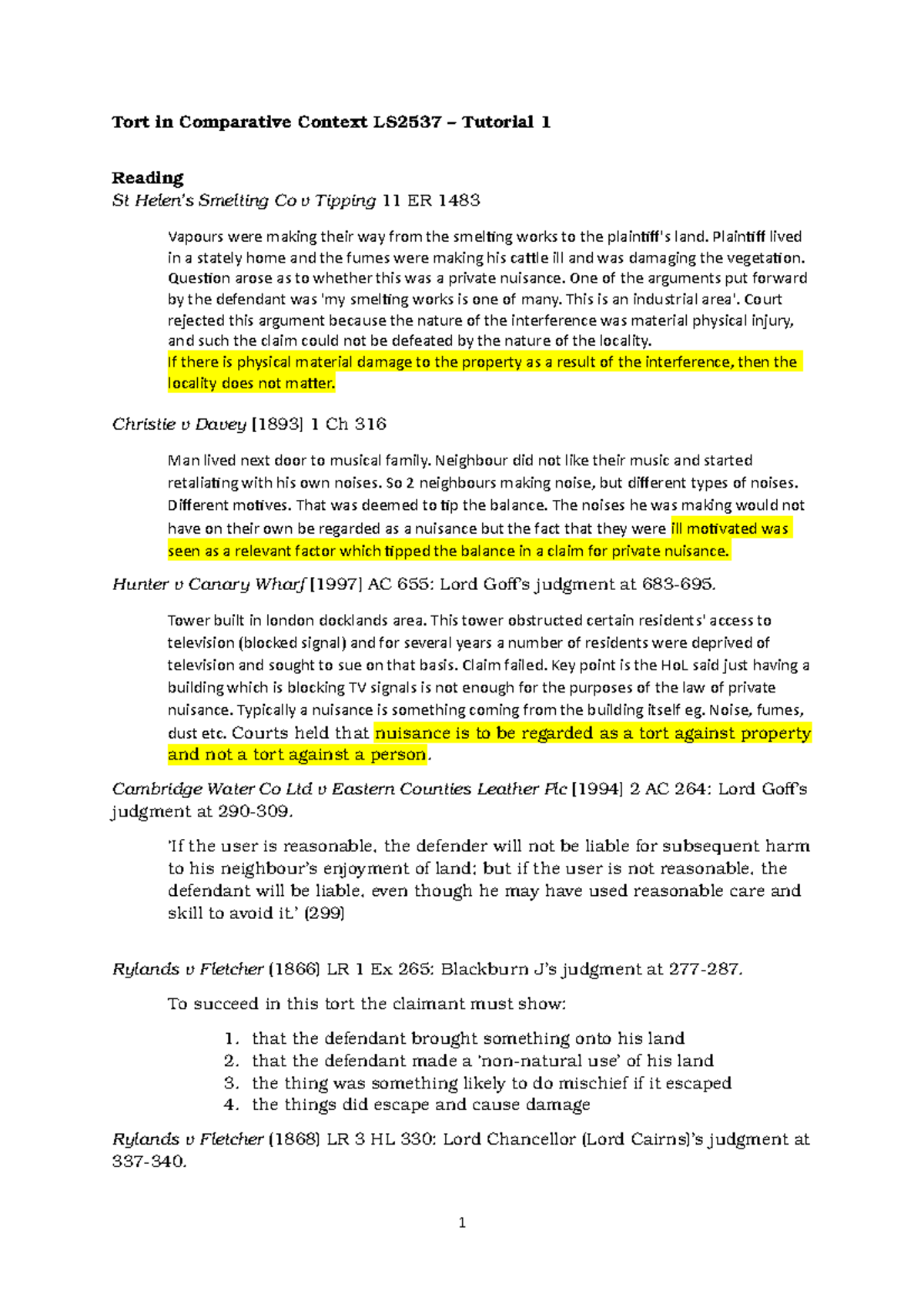 Tutorial 1 - Tort in Comparative Context LS2537 – Tutorial 1 Reading St Helen’s Smelting Co v ...