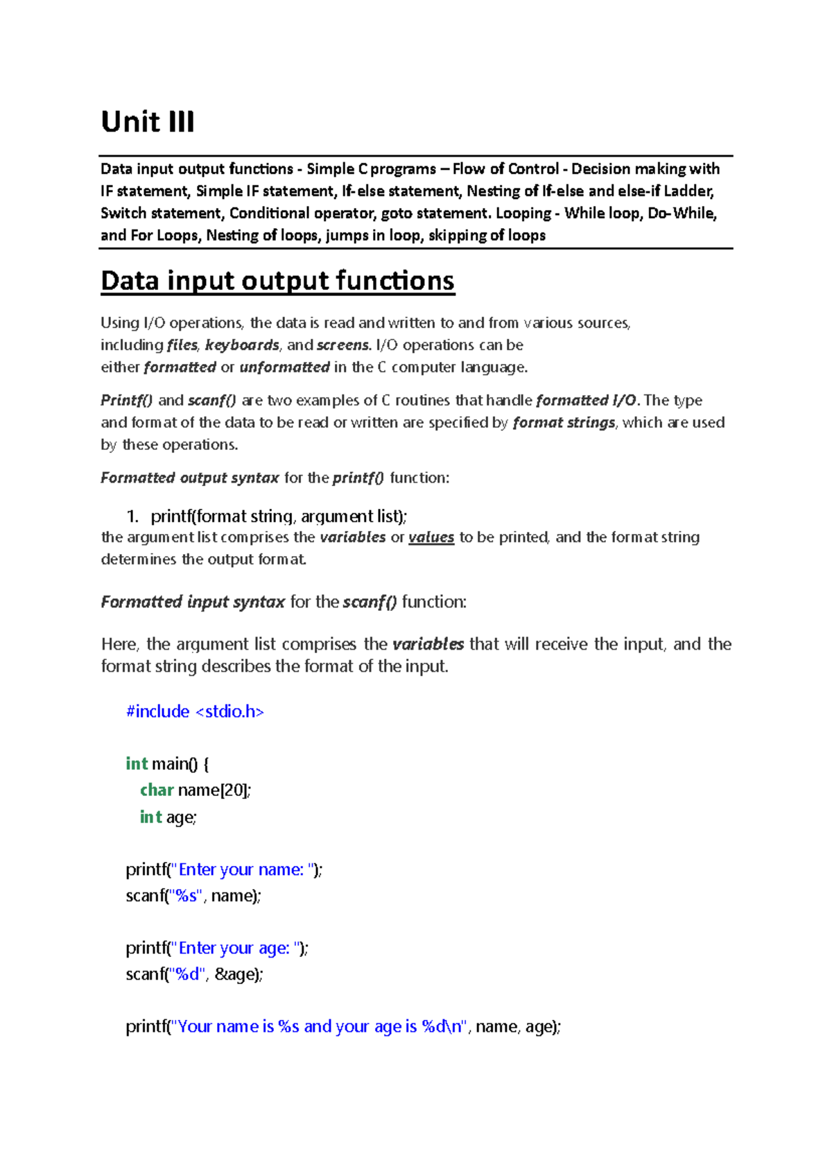 Unit III- c programming - Unit III Data input output functions - Simple ...
