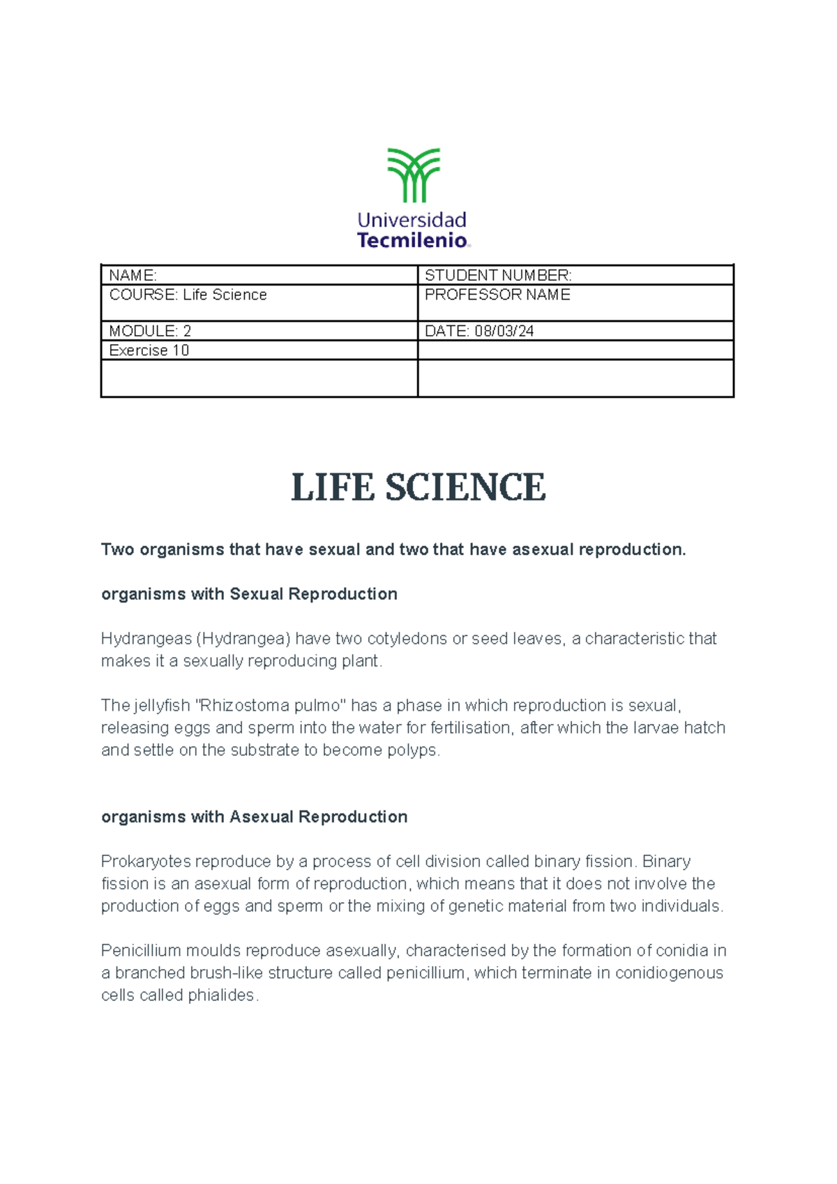 Life science 10 - NAME: STUDENT NUMBER: COURSE: Life Science PROFESSOR ...