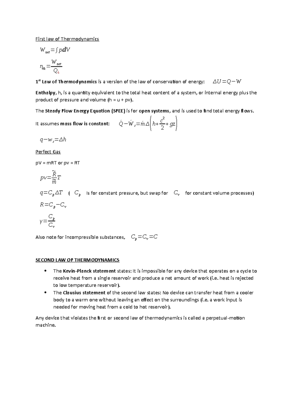 Thermoynamics 2 lectures notes - First law of Thermodynamics Wnet=∫ p ...