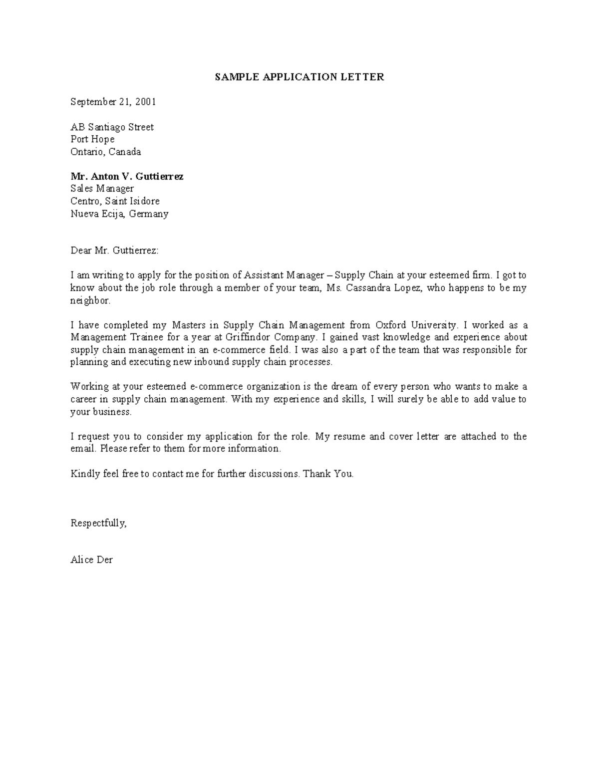 Business- Letter- Samples - SAMPLE APPLICATION LETTER September 21 ...