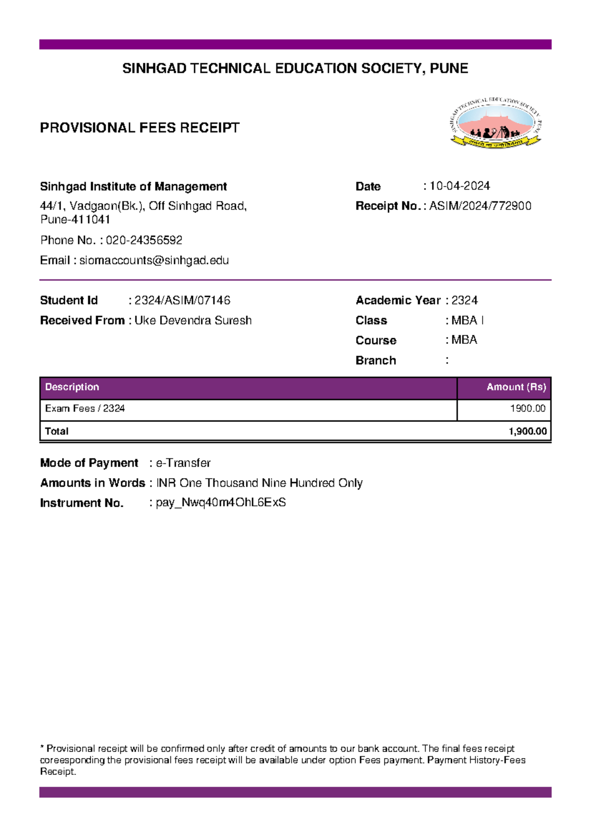 Provisional Fee Receipt - SINHGAD TECHNICAL EDUCATION SOCIETY, PUNE PROVISIONAL FEES RECEIPT ...