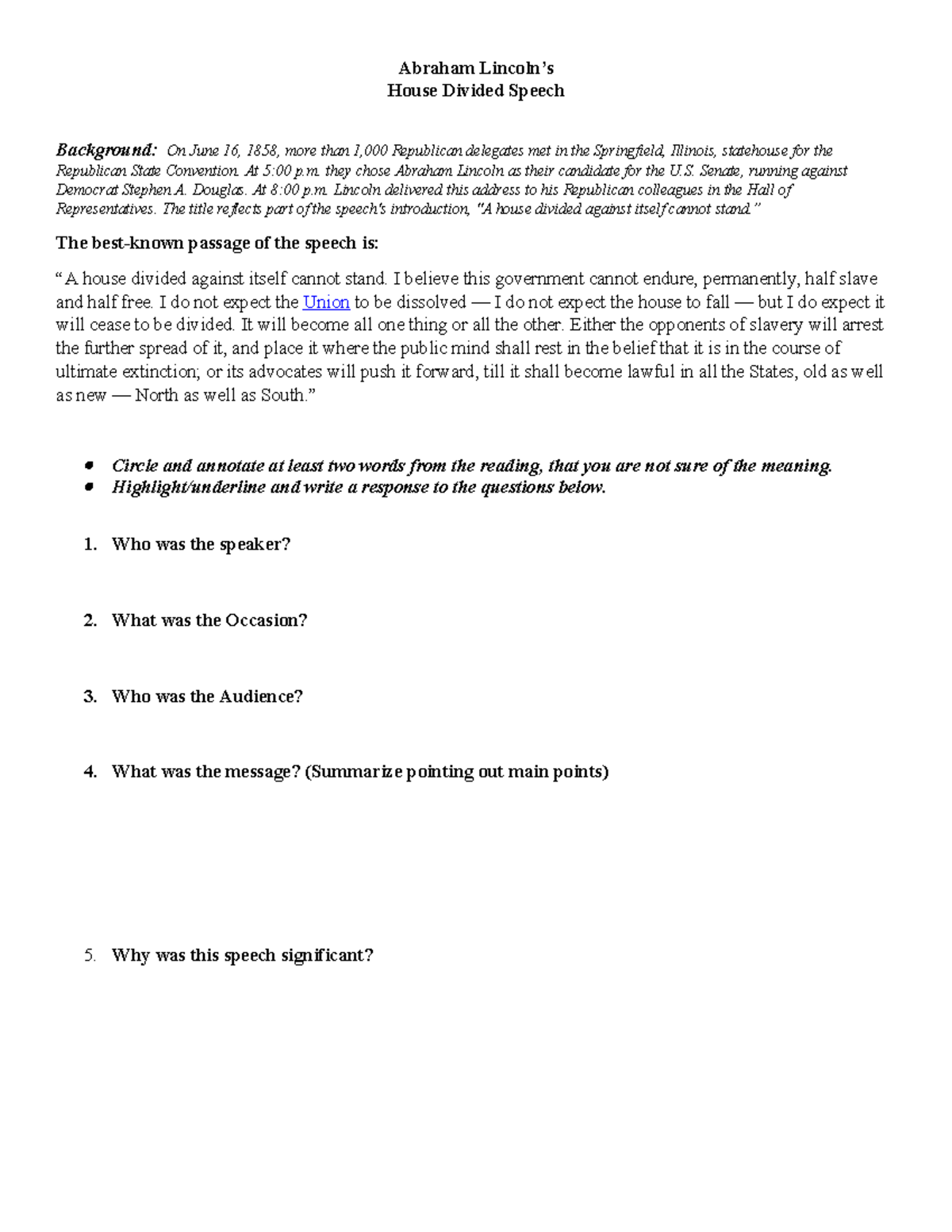 L 21 Preview and Vocab 2024 - Abraham Lincoln’s House Divided Speech ...