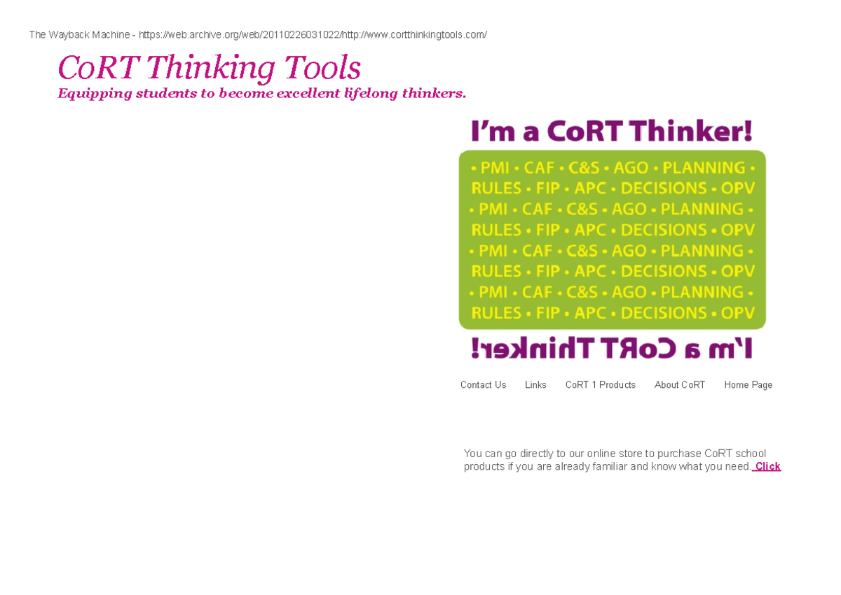 Co RT Thinking Tools - creative thiniking - Contact Us Links CoRT 1 Products About CoRT Home ...
