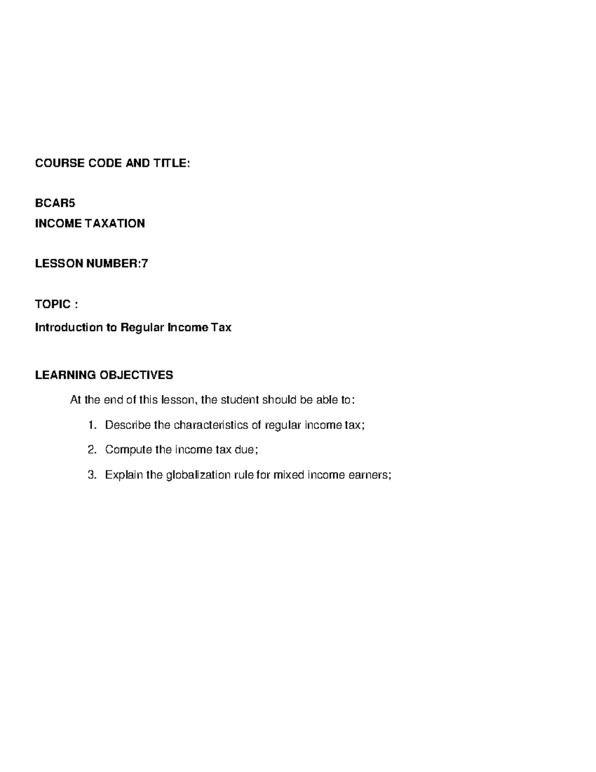 Module 07 Introduction to Regular Income Tax - COURSE CODE AND TITLE ...